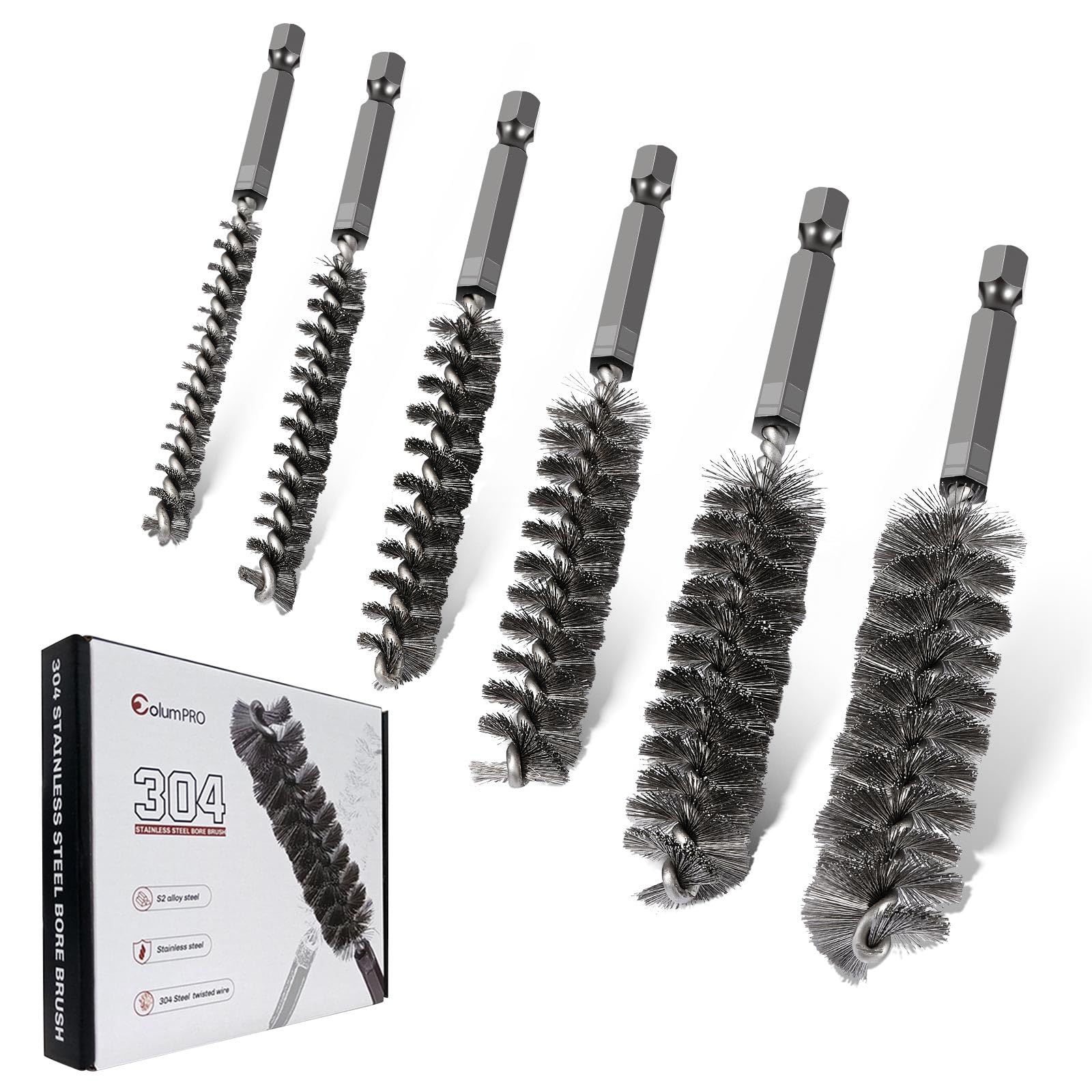 Columpro 6PCS 304 Stainless Steel Bore Brush Copper Pipe Cleaner, Twisted Wire Drill Brush,1/4 Inch Hex Shank S2 Steel Handle, for Power Drill Plumbing Tools