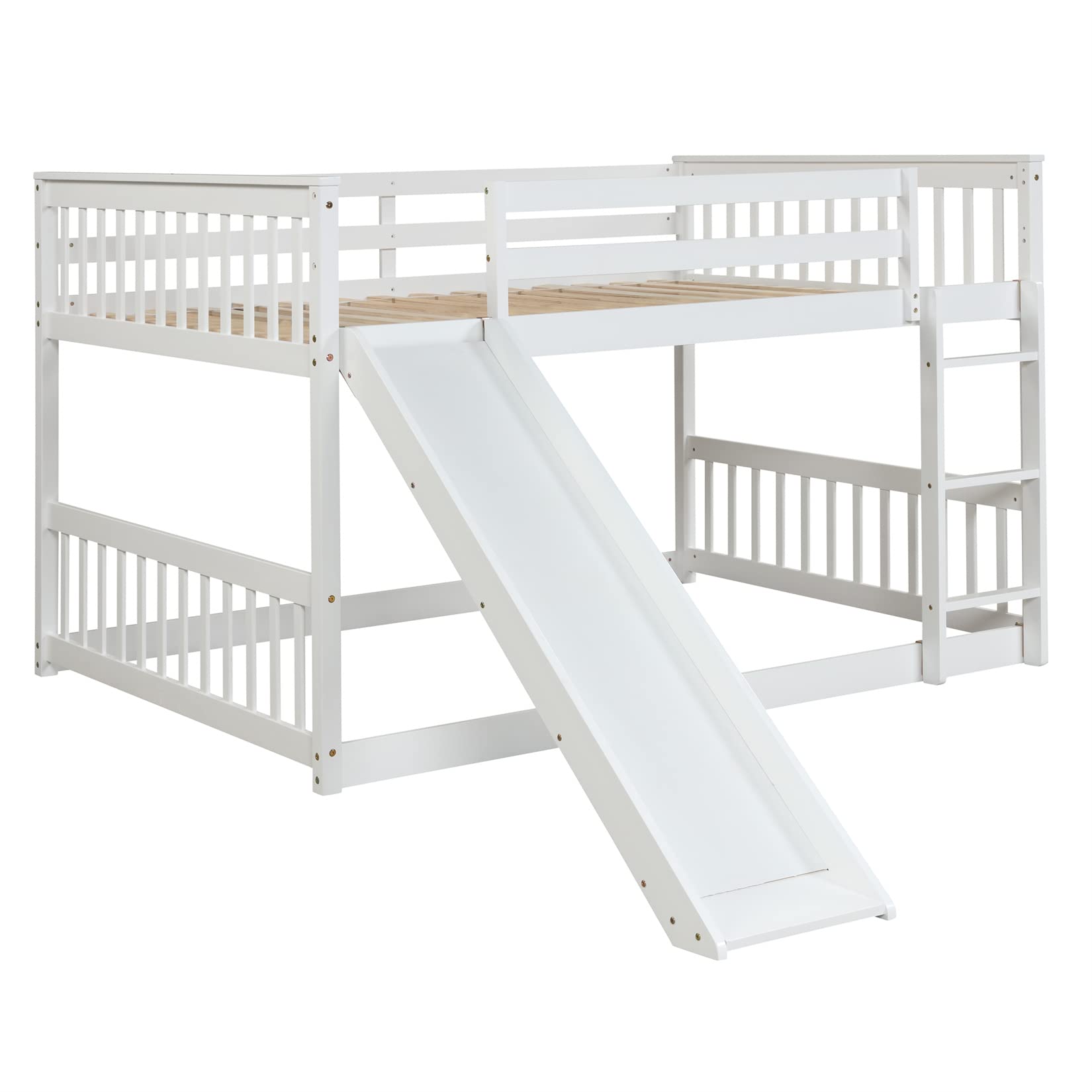 Bellemave Full Over Full Low Bunk Bed with Slide Wood Floor Bunk Beds with Ladder for Kids Boys Girls Teens, White