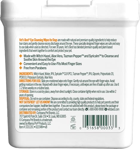 Vet’s Best Eye Cleansing Wipes for Dogs - Tear Stain Remover for Dogs - Easy to Use and Paraben Free - Aloe Vera & Witch Hazel - 50 Count