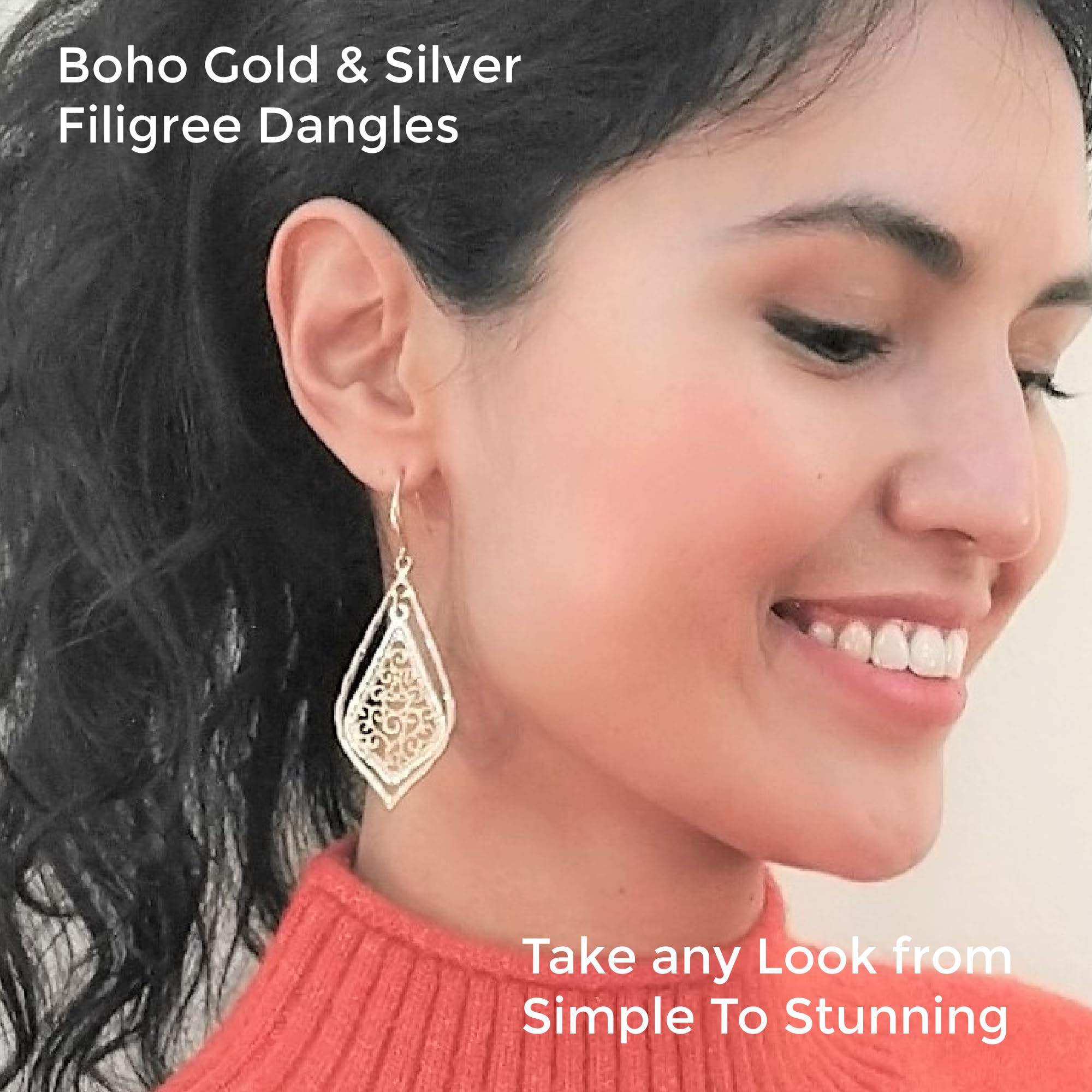 ALLISON ROSE ATELIER β Boho Filigree Two-Tone Dangle Earrings - Exquisite Handcrafted Jewelry for Boho Chic Style - Large Two Tone Worn Gold and Silver Plated Earring Set