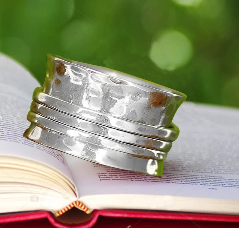 Spinner Ring Silver For Women Girls, 925 Sterling Silver Spinner Ring, Spin Ring, Three Tone Fidget Band Spinner Ring, Classic Hammered Meditaion Spinner Ring, Christmas Spinner Ring Size us 12