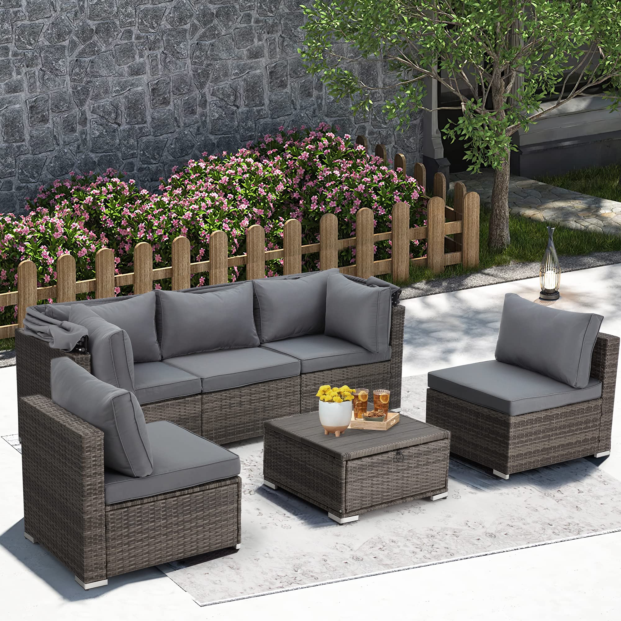HOMREST 6 Pieces Patio Furniture Sets, Rattan Daybed with Retractable Canopy, Outdoor Sectional Sofa Set with Adjustable Backrest, Chaise Chair Sunbed for Garden Poolside Backyard(Grey)