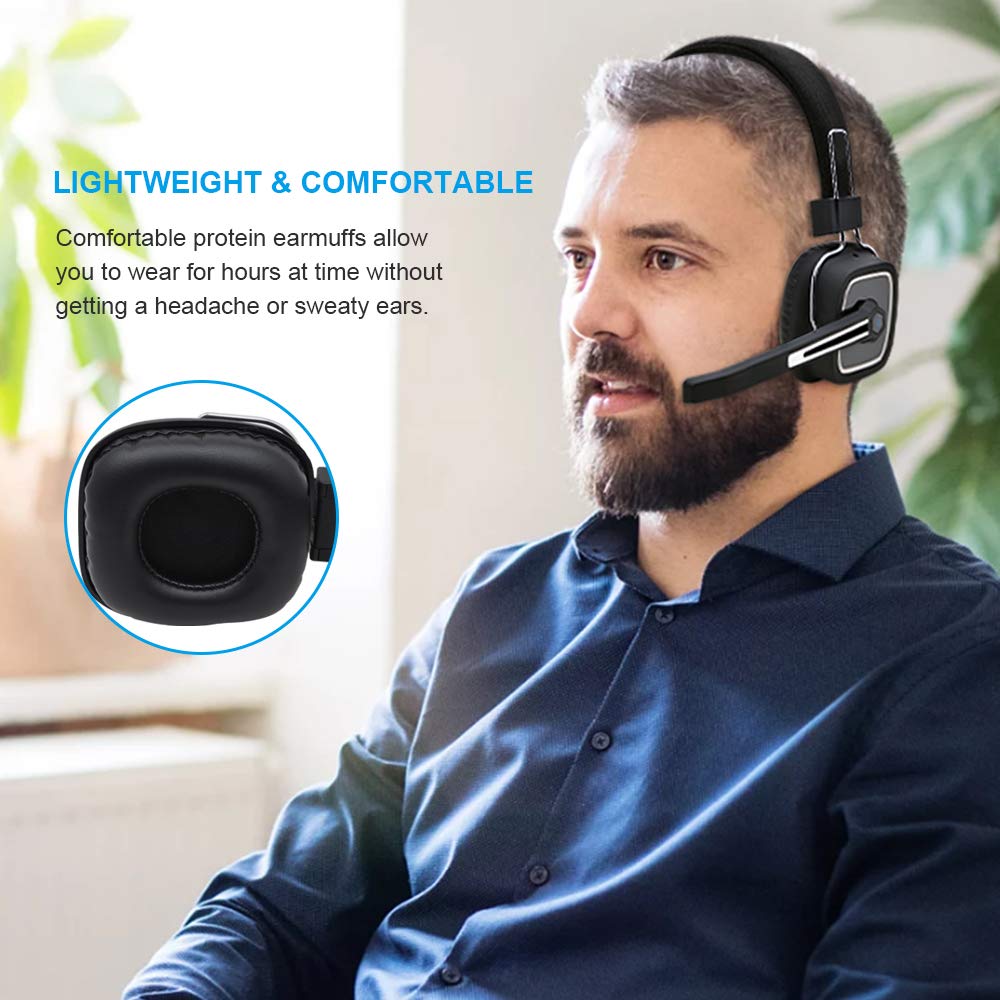 Trucker Bluetooth Headset Wireless with Noise canceling Microphone, On-Ear Wireless Headphones with Mic,Over The Head Earpiece for iOS & Android Mobile Phone, Skype, Truck Drivers, Call Center,Voip