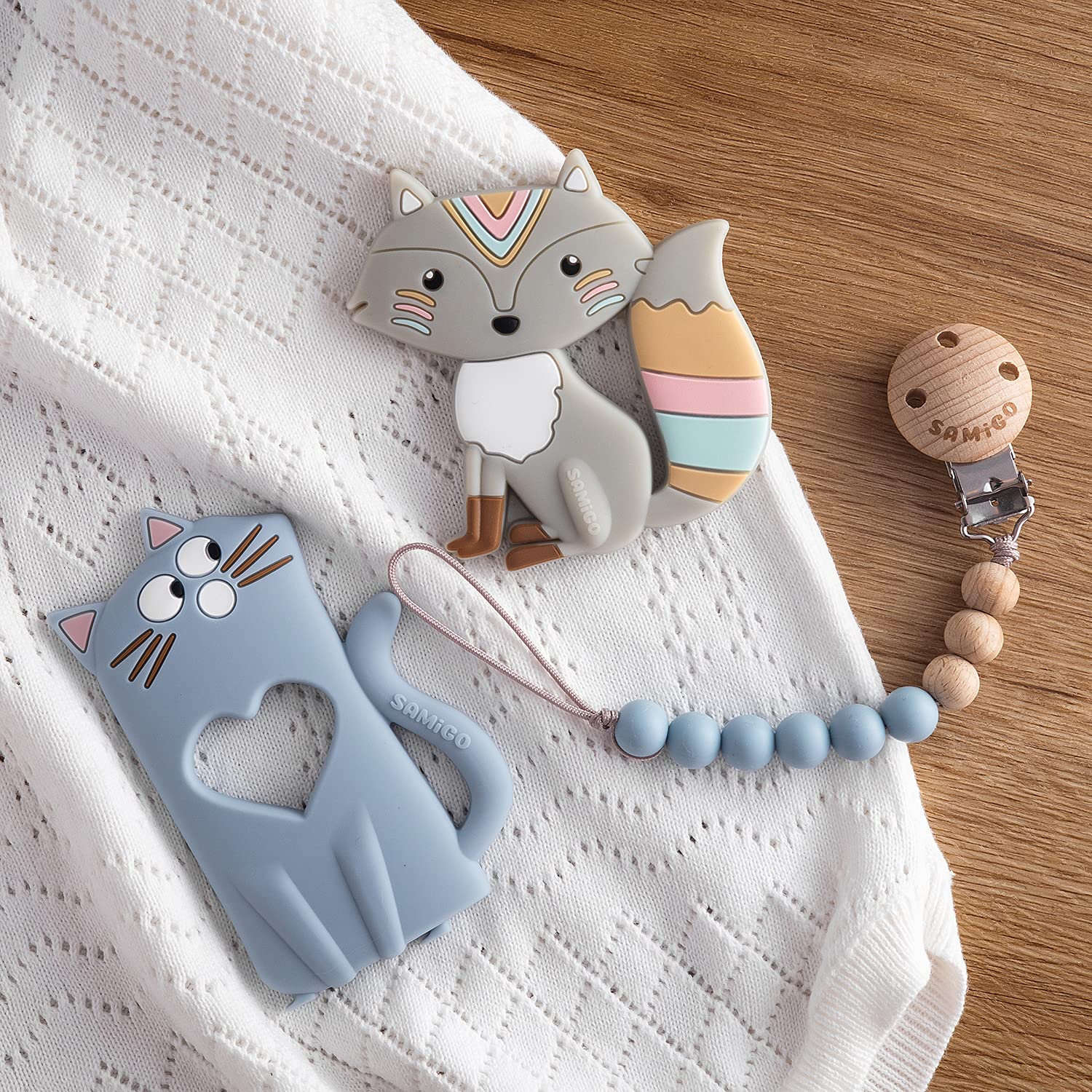 SAMiGO Baby Teething Toys Silicone Teether for Babies 0-6 and 6-12 Months Baby Chew Toys for Infant Boys and Girls - Blue Cat