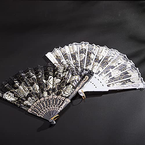 Aebor 10 Pieces Fabric Folding Fans, Folding Hand Fans, Elegant Vintage Retro Flower Rose Lace Handheld Chinese Folding Fan for Women Hand Craft (White)
