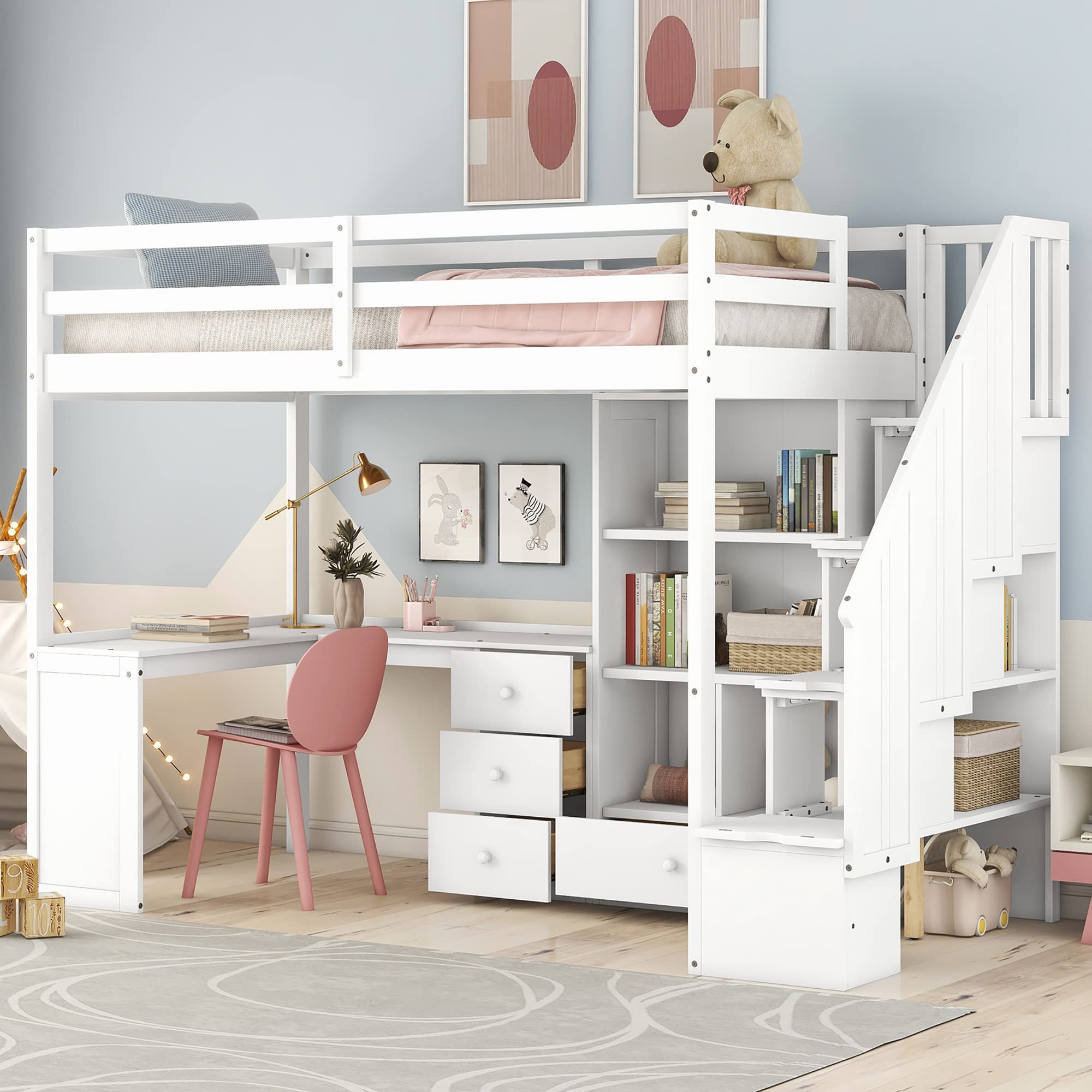 Bellemave Twin Size Loft Bed with Desk and Stairs Wood Loft Beds with Storage Cabinet and Bookcase High Loft Bed Frame with Staircase Shelves for Kids, Teen, Boys, Girls, White
