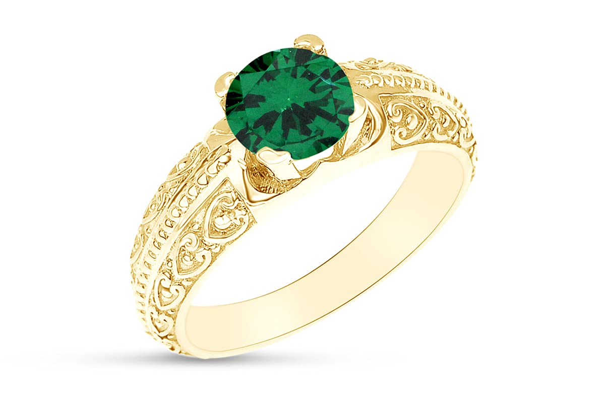AFFY Round Shape Simulated Emerald In 14K Yellow Gold Over 925 Sterling Silver Ring Size 11.5