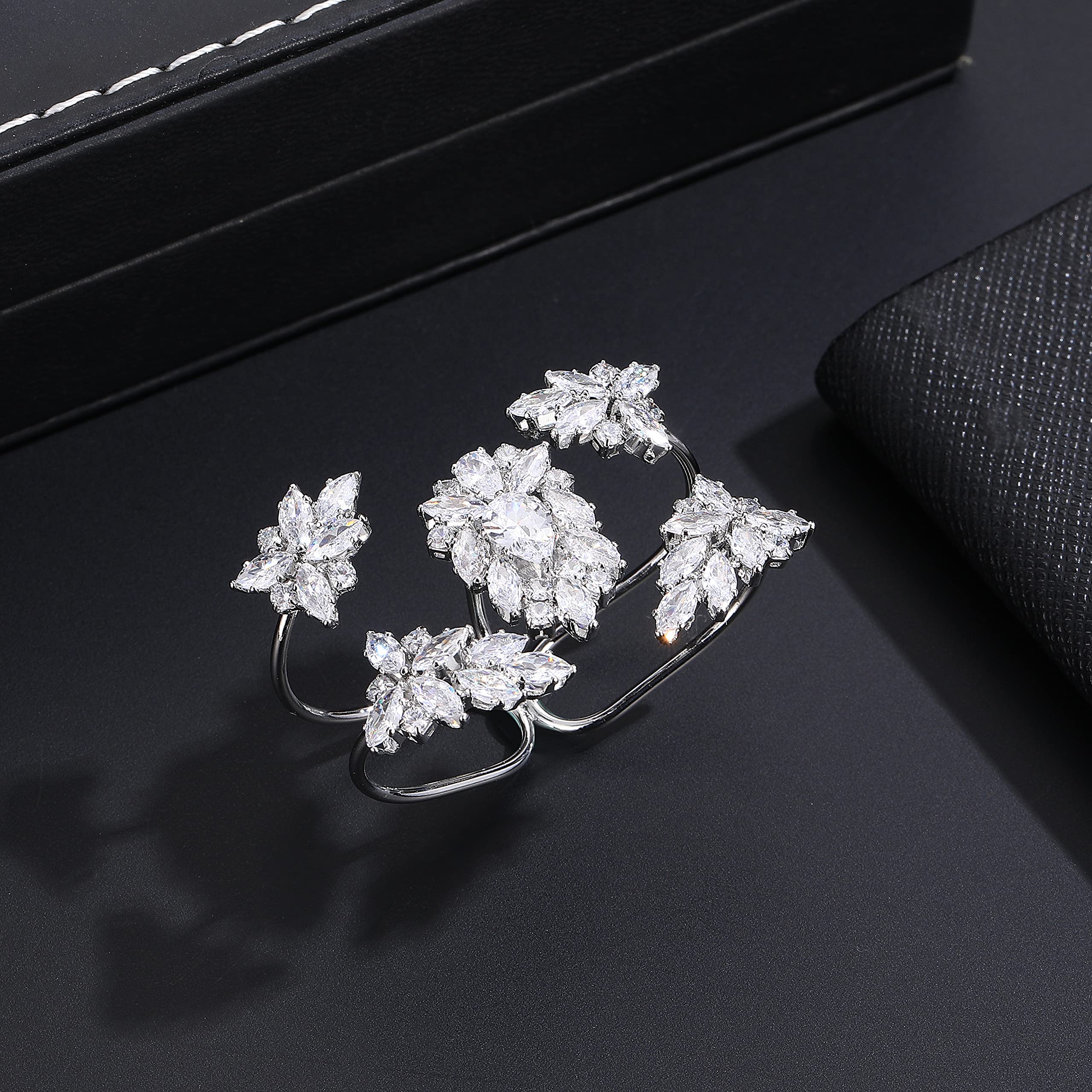 Aprilery Three-Finger Statement Ring Palm for Women, Fashion CZ Crystal Adjustable Rings Cocktail Open Multiple Ring Leaf Wedding Party Prom Accessory Jewelry Gifts for Her (Style 4)