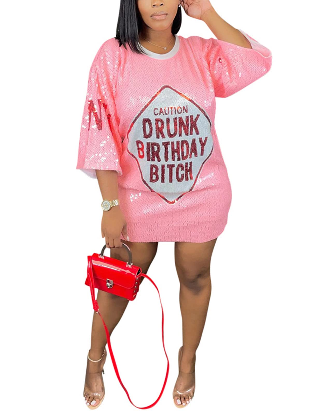 ALLUMK Womens Summer Shimmer Sequin Short Dress Sexy Pattern Round Neck T Shirts Dresses Pink XL