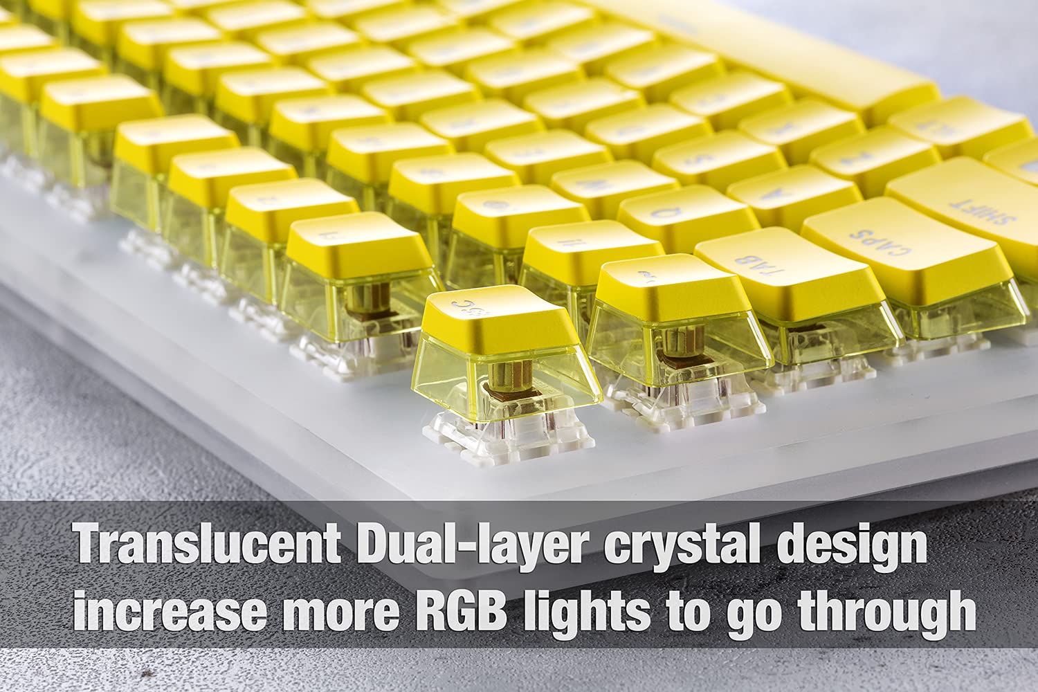 GUNMJO Crystal Pudding Keycap for Gaming Keyboard with Cherry MX Switches, ABS Translucent Keycaps for Backlit Mechanical Keyboard, OEM Profile 104 Keys with 6.25U Space Bar, Painted Yellow Color