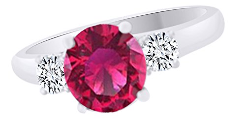AFFY Simulated Pink Sapphire & White Natural Diamond Three Stone Engagement Wedding Ring in 14k White Gold (2.73 cttw) with Ring Size:-7