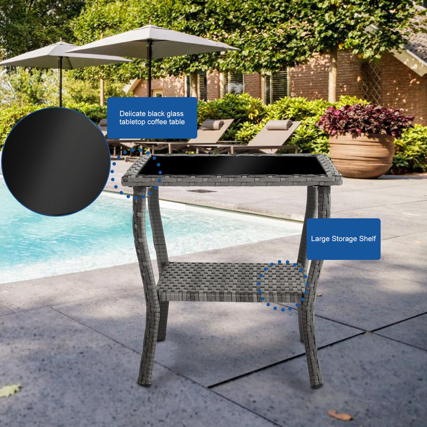 CIRMUBUY 3-Piece Outdoor Furniture Set, Patio Conversation Chair, Wicker Cushioned Patio Rocker with Side Table for Porch, Garden, Poolside & Deck, Light Grey