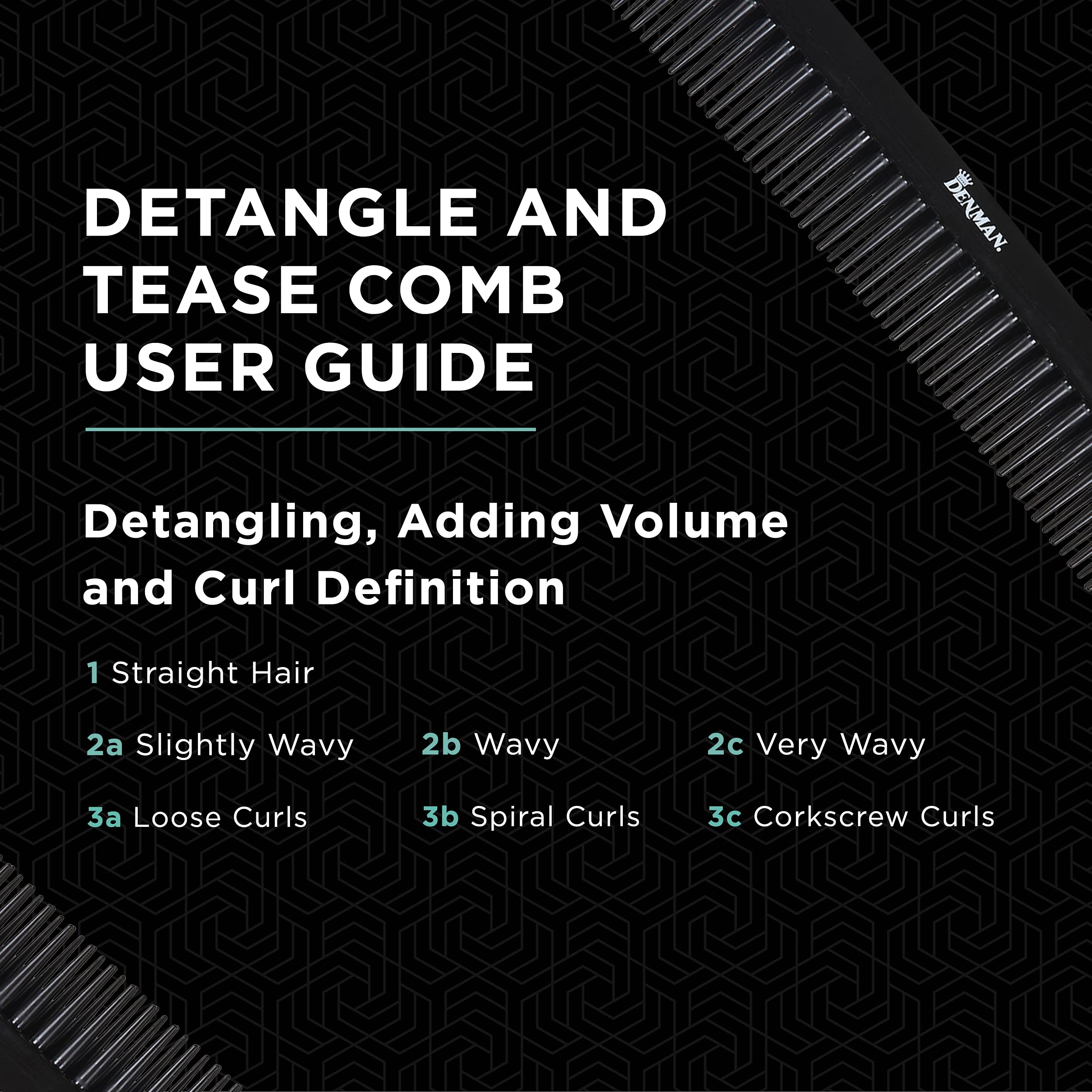 Jack Dean by Denman (Black) Curl Volumiser Comb for Separating, Styling, Defining, Enhancing & Boosting Curls (D12)