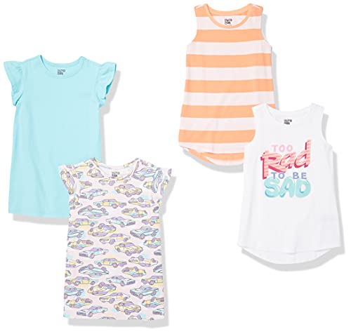 Amazon Essentials Girls' Short-Sleeve and Sleeveless Tunic Tops (Previously Spotted Zebra), Pack of 4, Blue/Orange Stripe/Pink Cars/White Text Print, Small