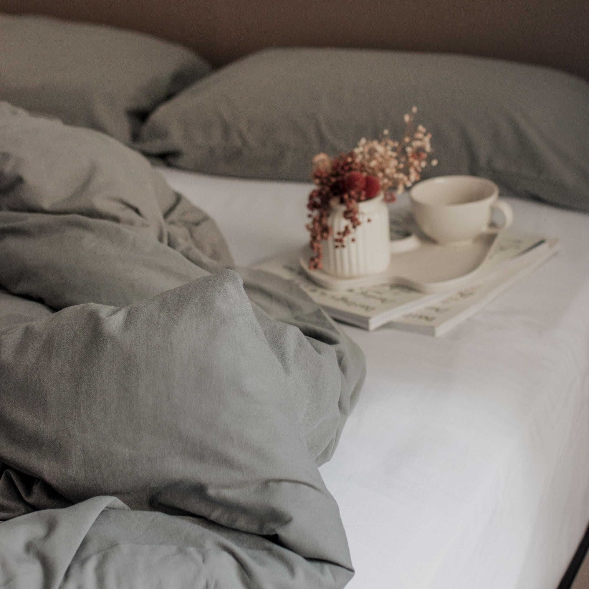 Lavien Home, 0 Washed Cotton Duvet Cover Set Grey Queen Size, Linen Like Luxury Soft Bedding with 2 Pillow Shams Buttons Closure (Queen, 90"x90")