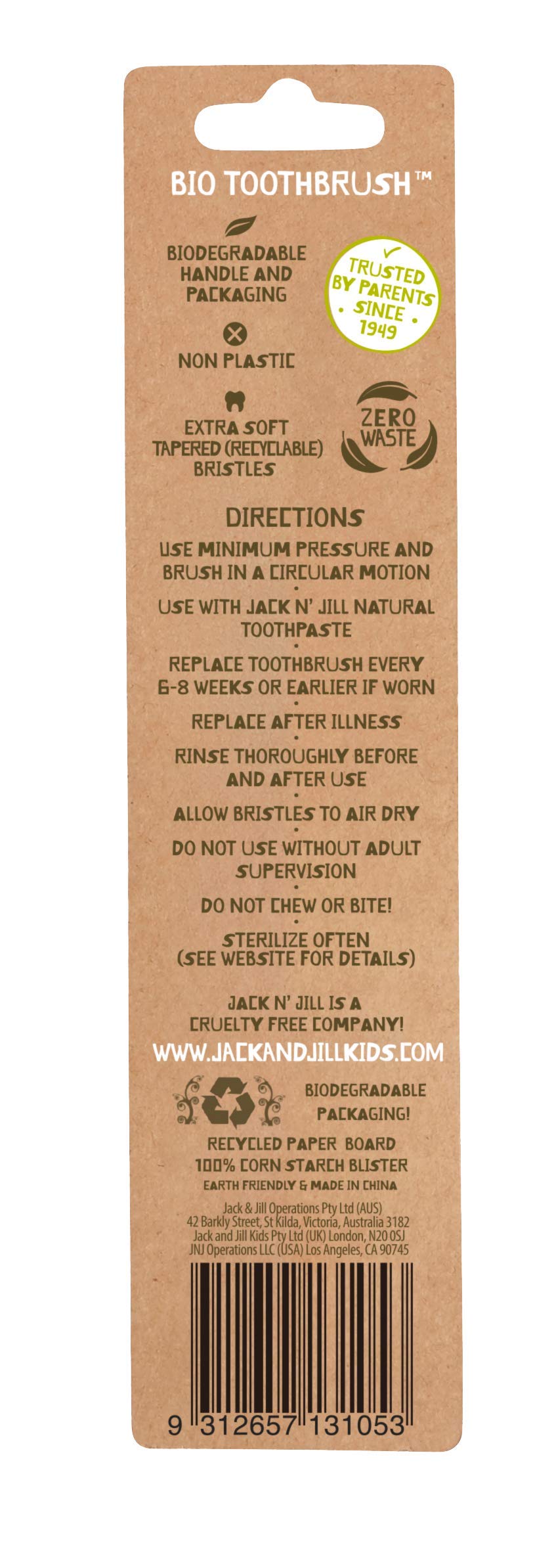 Jack N' Jill Bio Toothbrush (TM) Compostable & Biodegradable Handle HIPPO