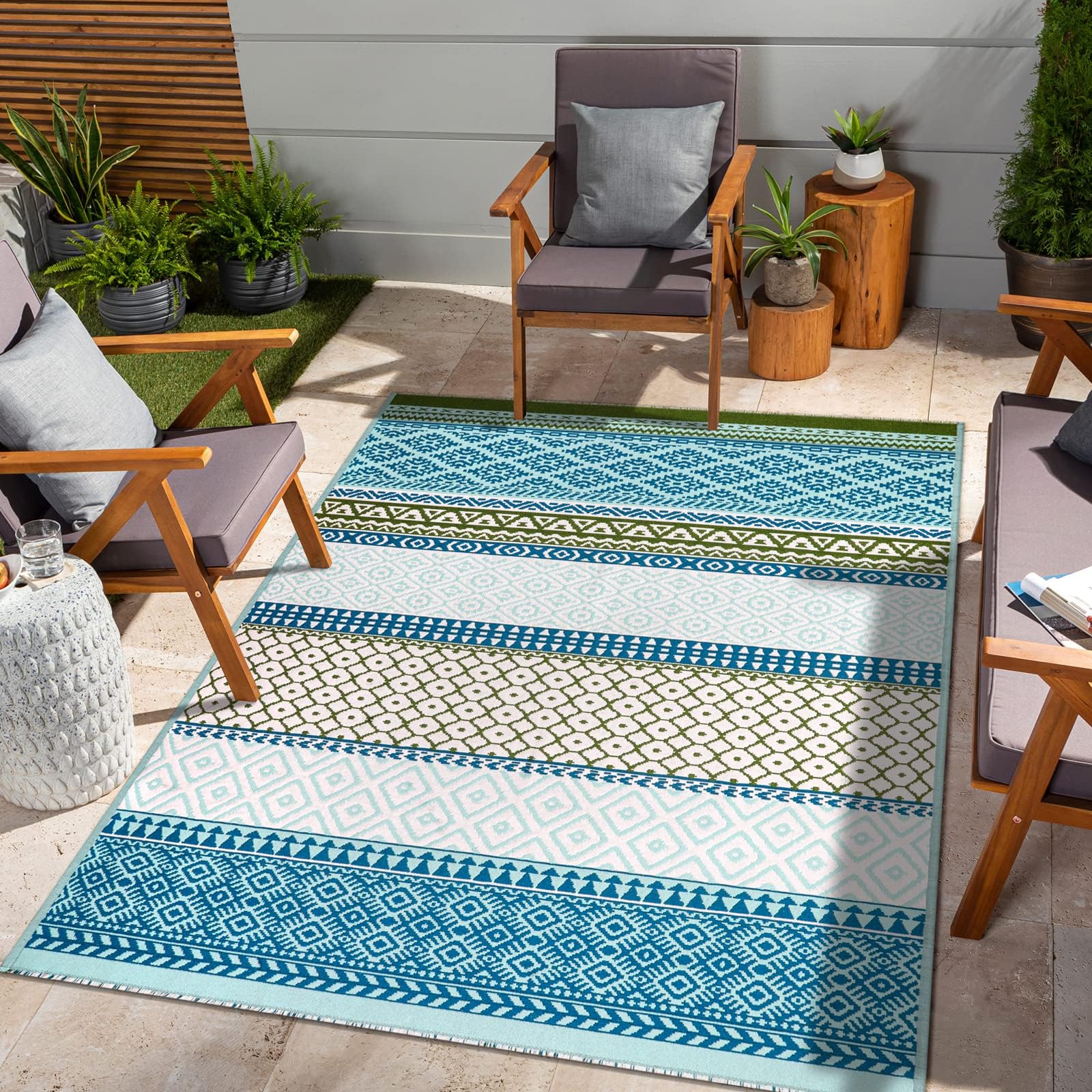 Collive Indoor Outdoor Rug 4'x6', Tribe Machine Washable Rug,Non-Shedding Reversible Carpet for Living Room, Dining Room, Patio Clearance, Deck, Front Porch - Teal