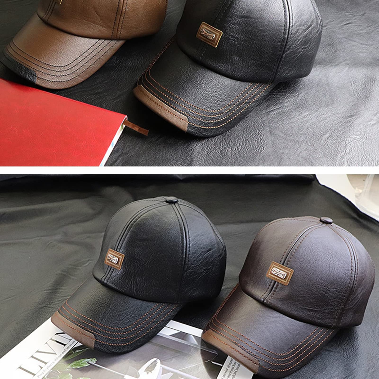 Adjustable Men's Baseball Cap Golf Cap Dad Hat Cowhide Leather Hunting Hat for Fall Winter Outdoor Sports Hat Black