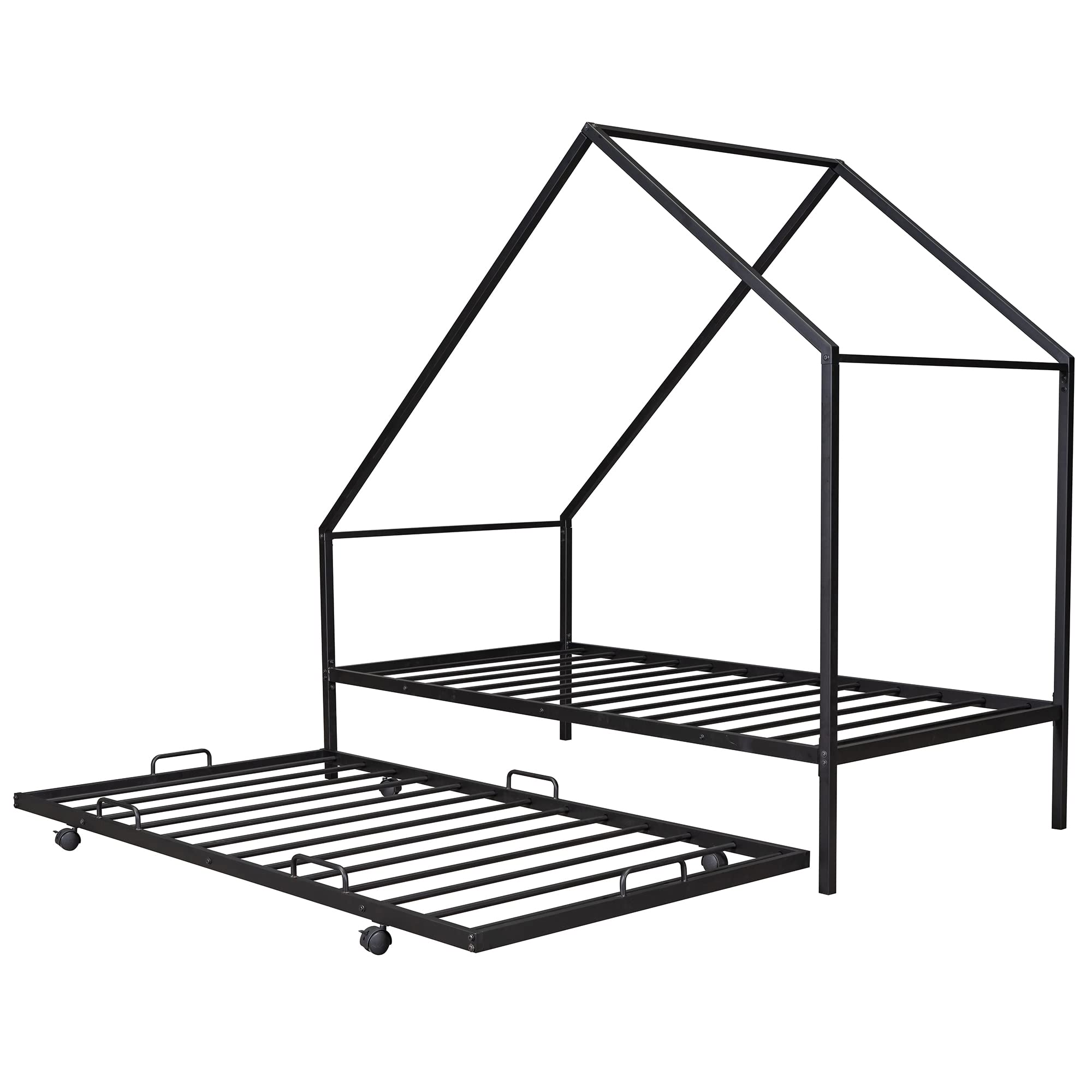 Bellemave Twin Size House Bed with Trundle, Kids Montessori Beds Metal Canopy Bed Frame for Girls Boys Teens, No Spring Box Needed, Black