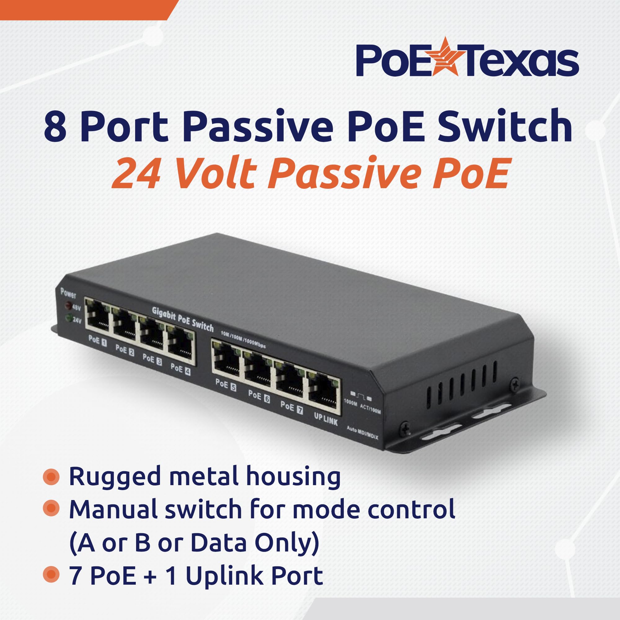 PoE Texas 8 Port Passive PoE Switch - 24v Passive Unmanaged Network Gigabit PoE Switch w/ 1 Uplink Port, Power 7 Devices, Includes 24 Volt 60 Watt Power Supply, for Ubiquiti & Mikrotik Devices