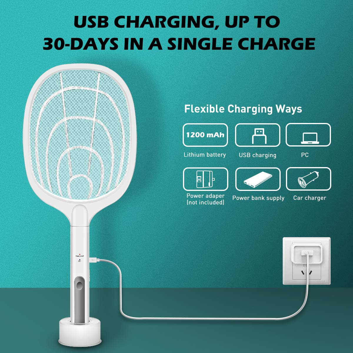 Bug Zapper, 3000 Volt Indoor & Outdoor Electric Fly Swatter,USB Rechargeable Mosquito Killer Racket for Home Bedroom, Kitchen,Office, Backyard, Patio,Safe to Touch with 3-Layer Safety Mesh-2 Pack