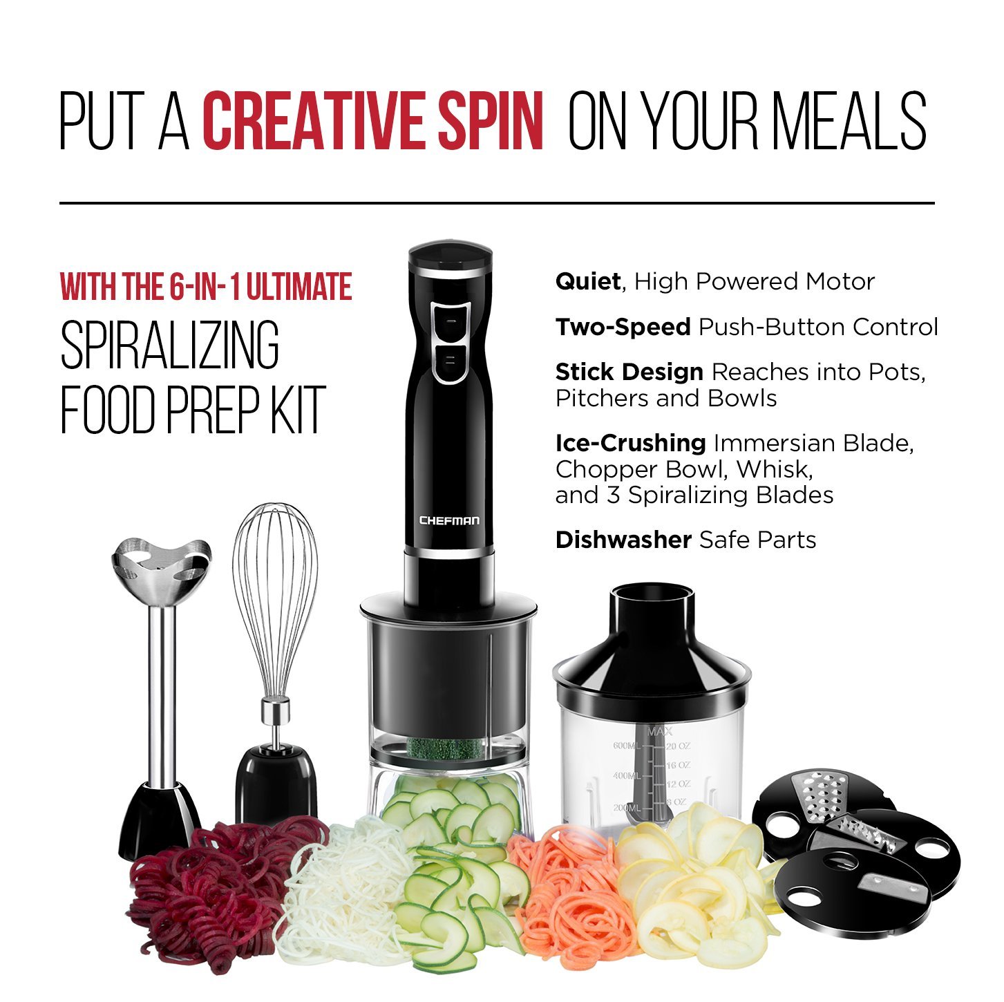 Chefman Electric Spiralizer & Immersion Blender/Vegetable Slicer 6-in-1 Food Prep Combo Kit, Includes 3 Spiralizing Blade Attachments, Zoodle Maker; Grate, Ribbon, Spiral, Blend, Chop, and Puree