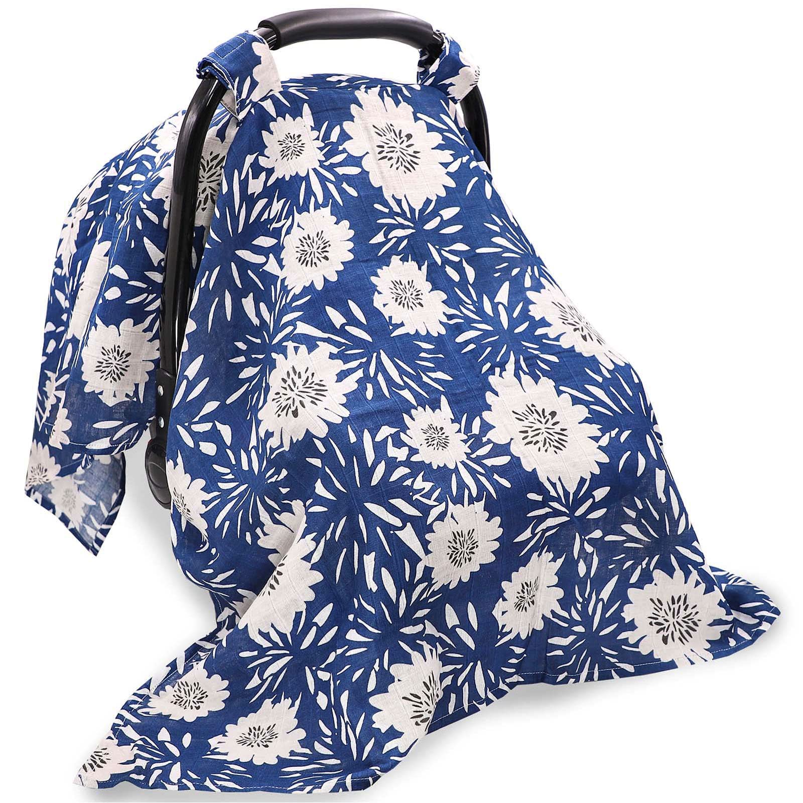 Baby Car Seat Cover Muslin Carseat Canopy for Girl Lightweight Breathable Thin Summer Blue Chamomile Print