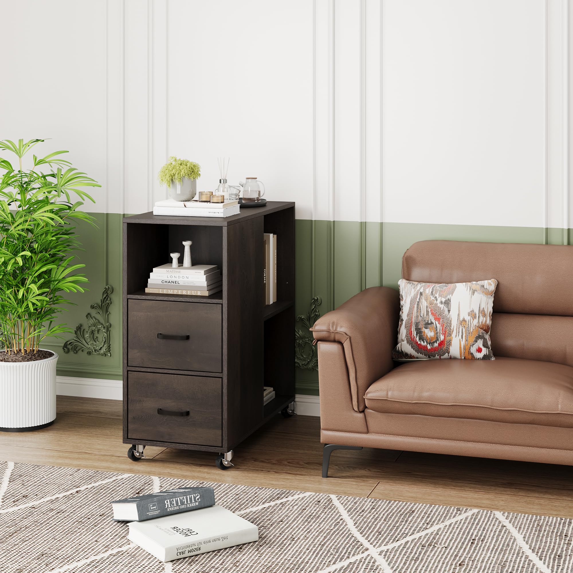 BOTLOG Sofa Side Table, End Table with 2 Drawers, Narrow Bedside Table with Storage Shelves for Small Spaces Living Room Bedroom Office (Dark Brown)