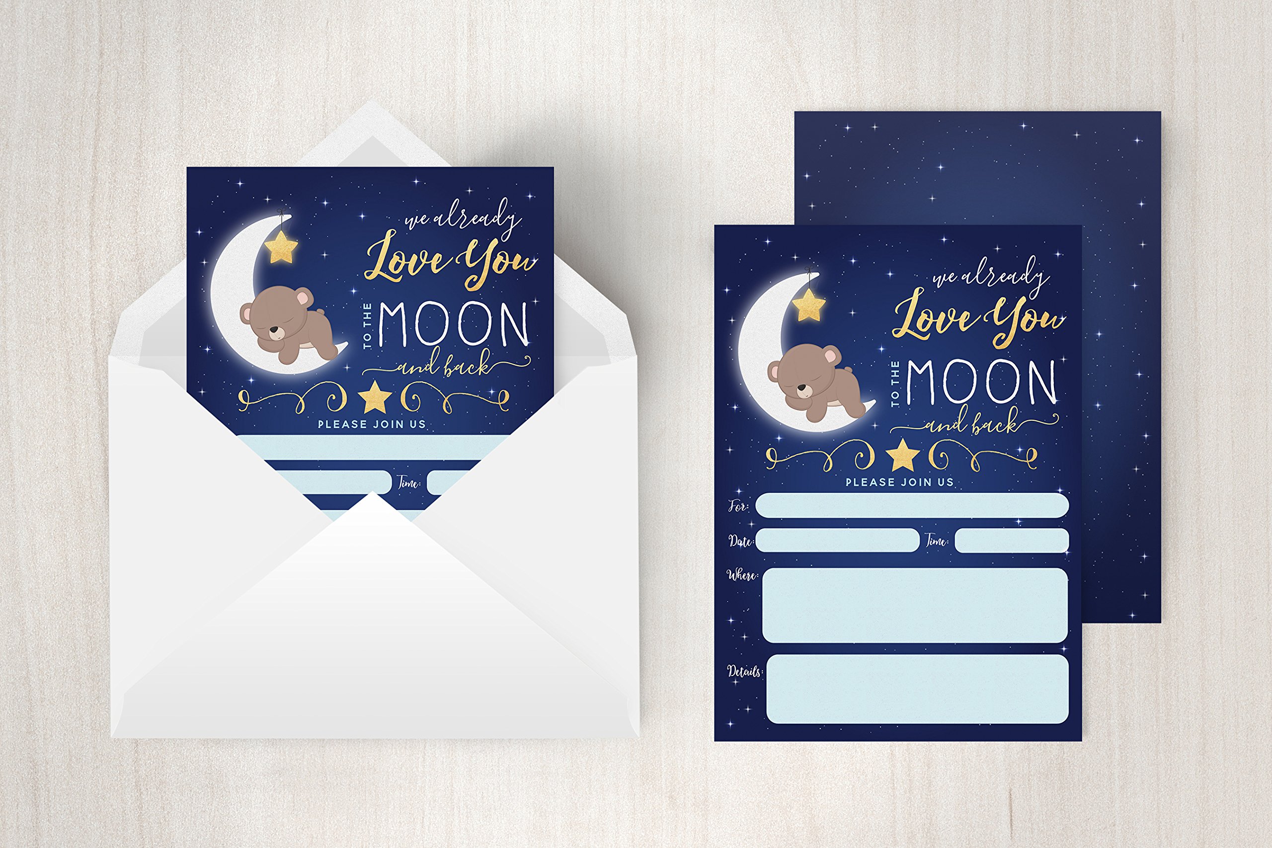 Your Main Event Prints Moon Bear Baby Shower Invites, 20 Count, 5x7, Blue, Premium Heavy-weight Card Stock