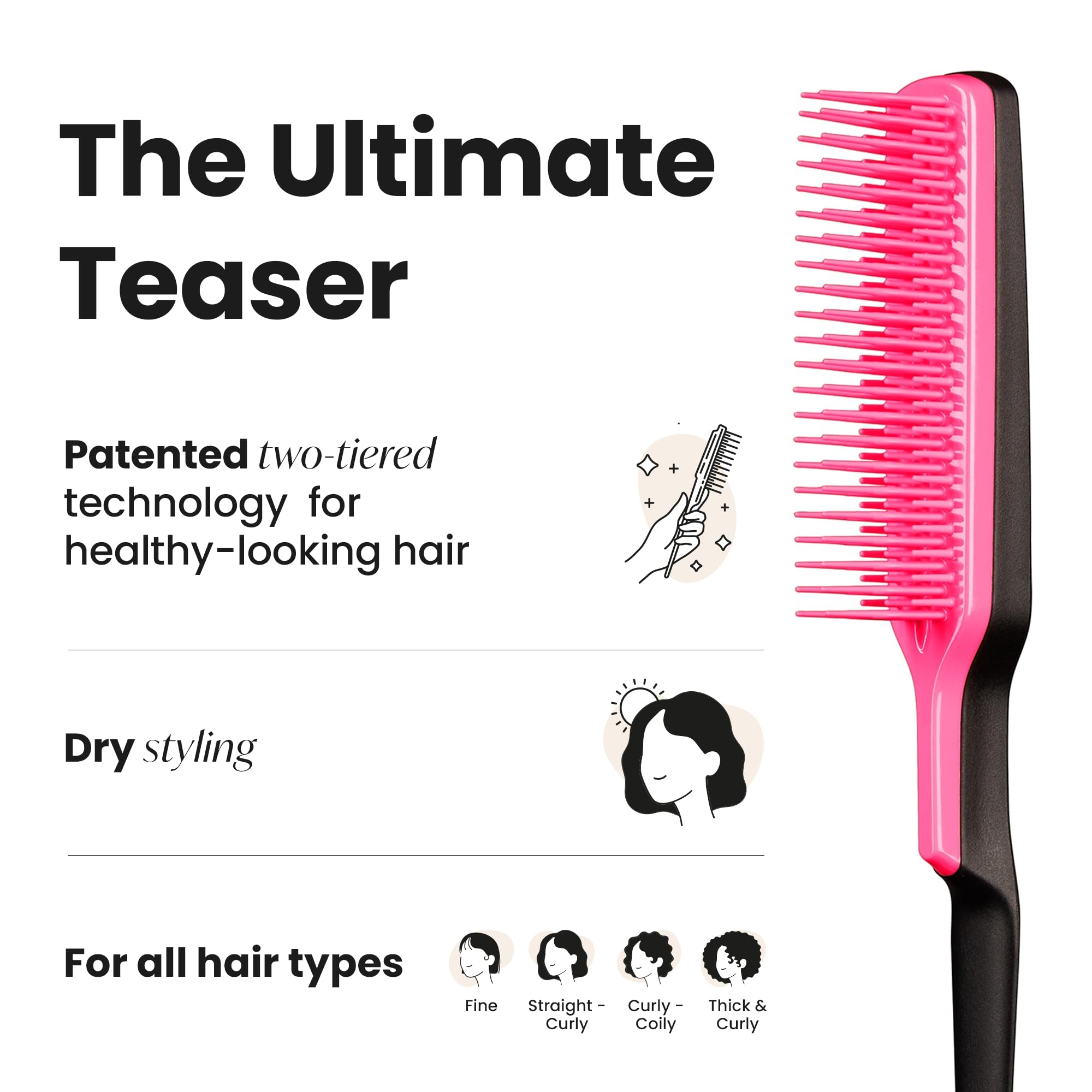 Tangle Teezer Ultimate Teaser Back Combing Brush, Adds Texture and Volume, for All Hair Types, Pink Embrace