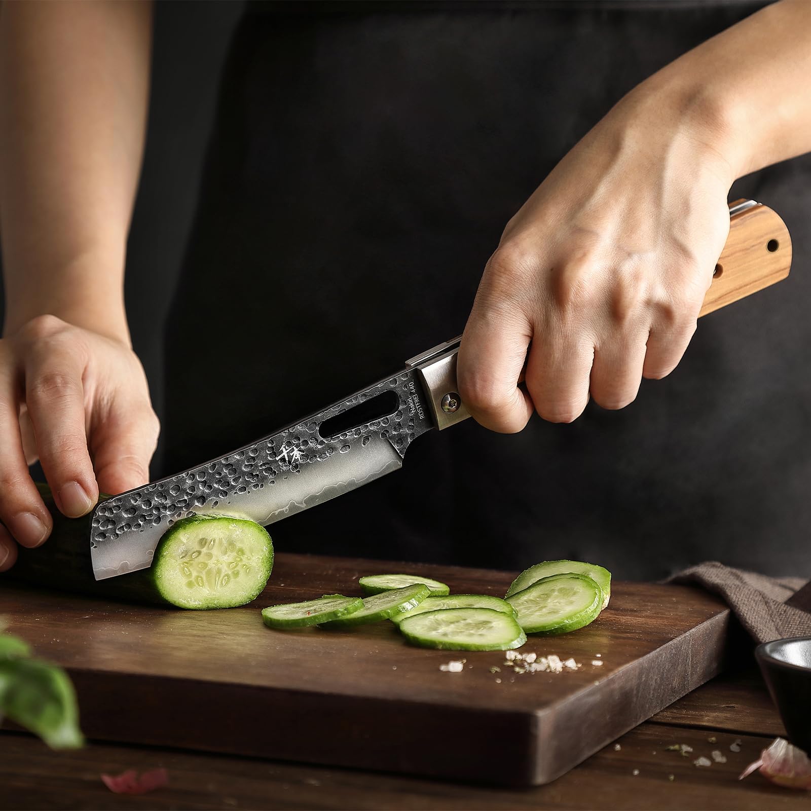 SENBON Forged 440 Stainless Steel Super Sharp Pocket Folding Chef Knife Peeling Practical Knife Fruit Knife Natural Olive Handle Camping Barbecue Outdoor Portable Kitchen Knife