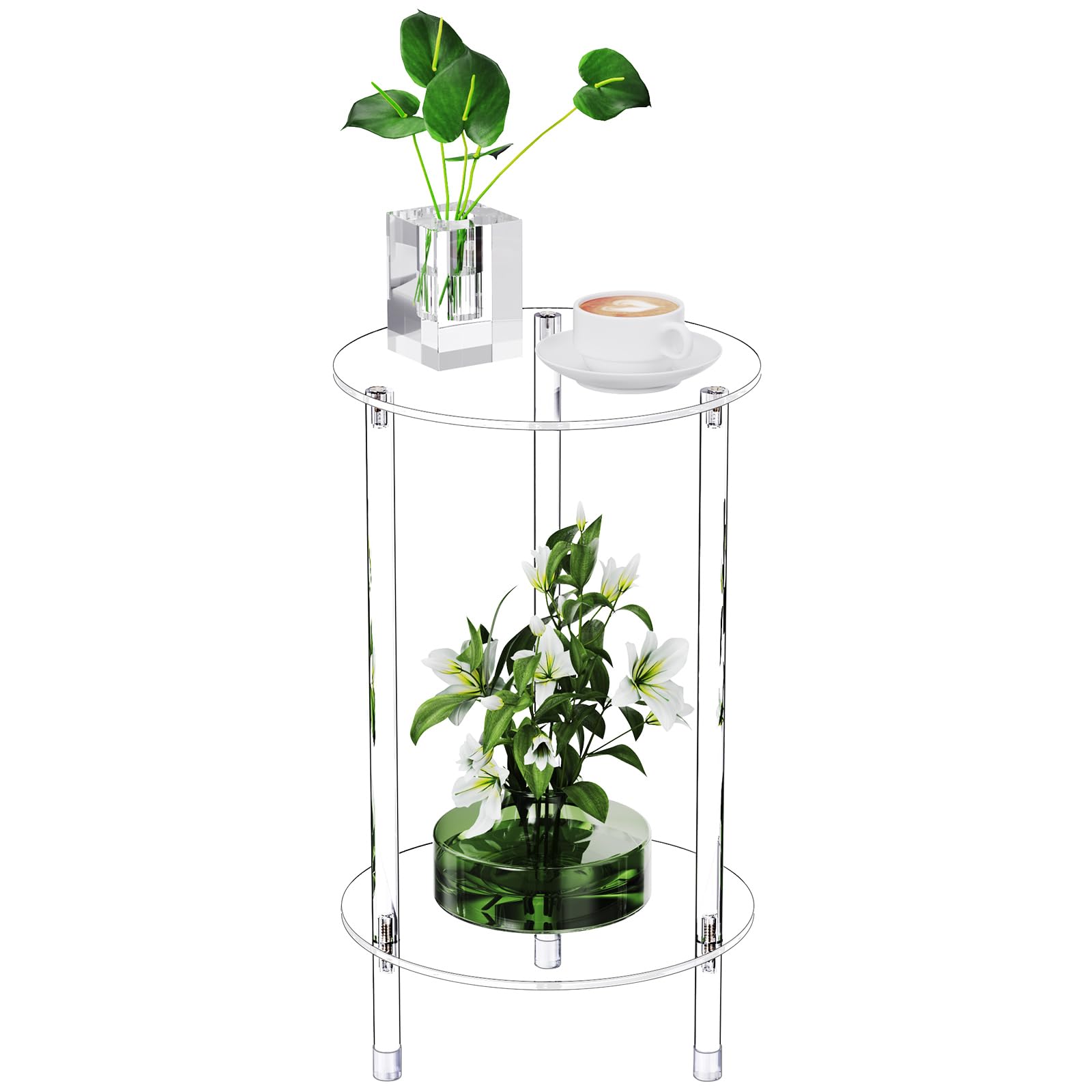 Bkemiy Clear Round Acrylic Side Table for Small Spaces, 11.81" L x 11.81" W x 19.82" H, 2 Tier Small Modern Drink End Table Nightstand, Minimalist Bedside Table for Living Room, Bedroom, Bathroom