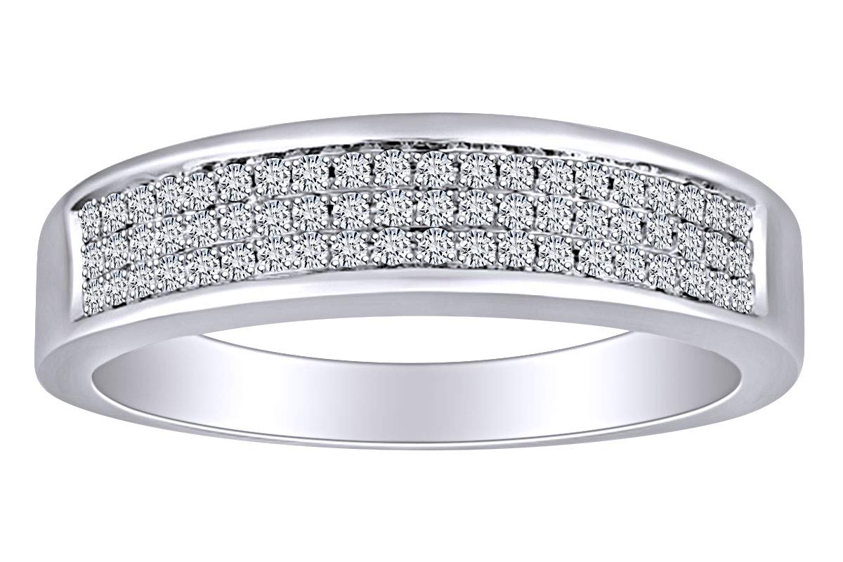 AFFY 0.18 Carat (Cttw) Round White Natural Diamond Three Row Engagement Wedding Band Ring In 10k Solid White Gold Ring Size-8