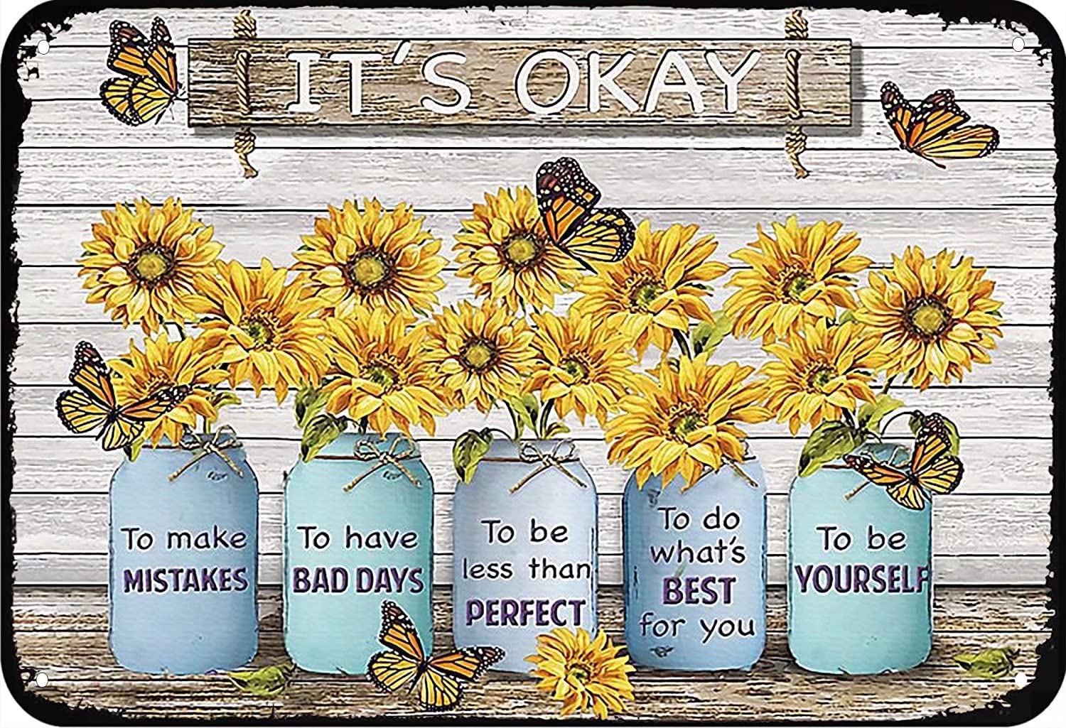 It's Okay Vintage Sunflowers Wooden Plaque Home Decor Garden Room Cafe Wall Art Decor Wall Hanging Decor Wood Sign 12x16 Inch