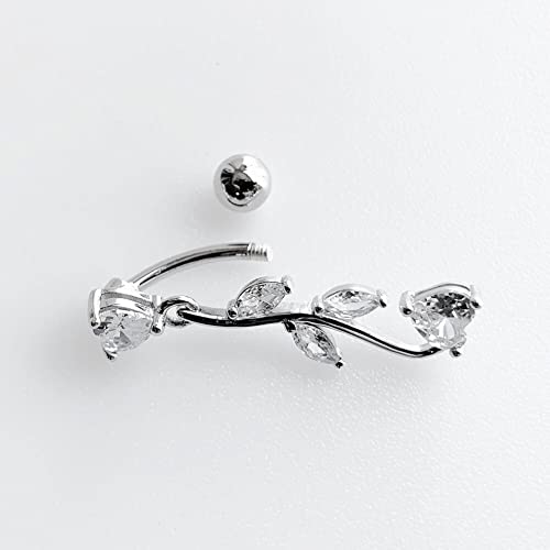 Arardo Sterling Silver Top Down Reverse Belly Button Rings, Real 925 Sterling Silver Belly Rings, 14G Reverse Belly Button Ring, Sterling Silver Navel Piercing Rings, Dangle Leaves, 10mm, SS50-1