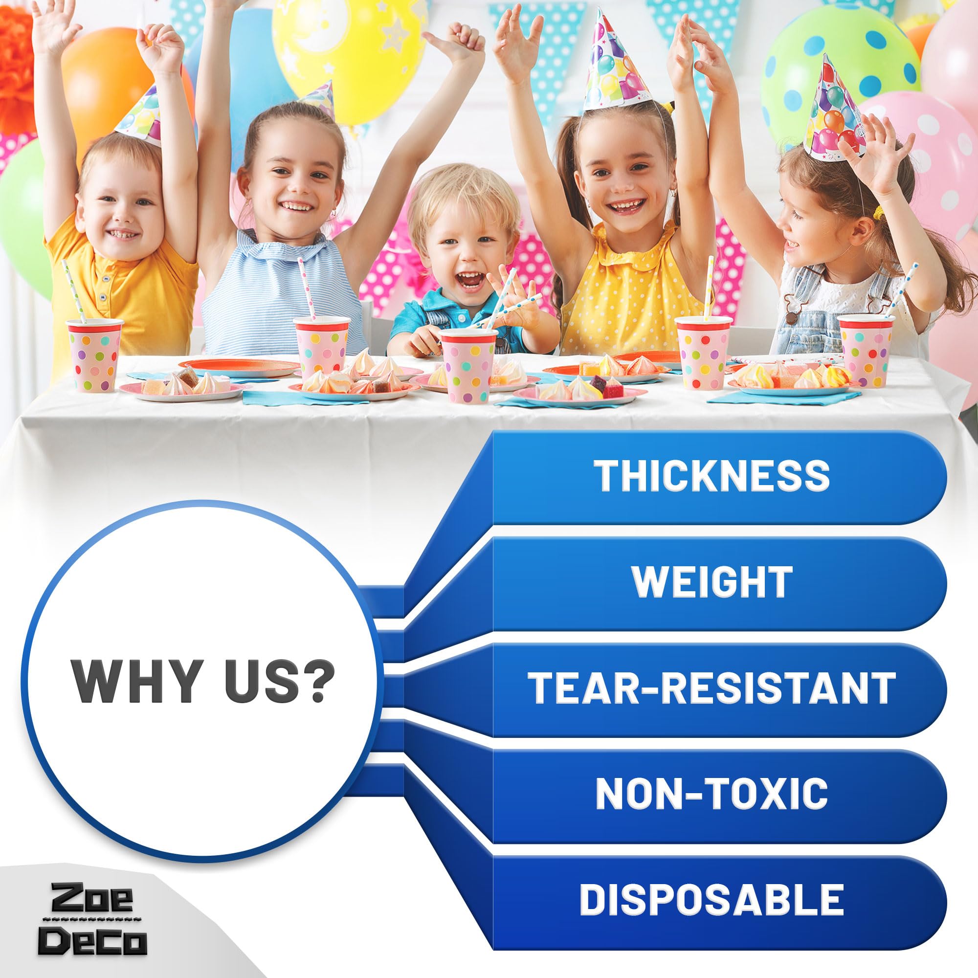Zoe Deco Plastic Tablecloth (12 Pack, 84" Diameter, Round White Table Cloth), Disposable Table Covers for Parties, Graduations & Picnics, Table Protectors