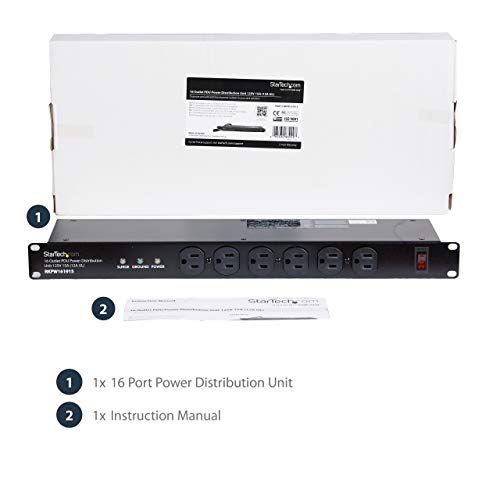 StarTech.com 16 Outlet Horizontal 1U Rack Mount PDU Power Strip for Network Server Racks - Surge Protection - 120V/15A - 6ft Power Cord (RKPW161915)