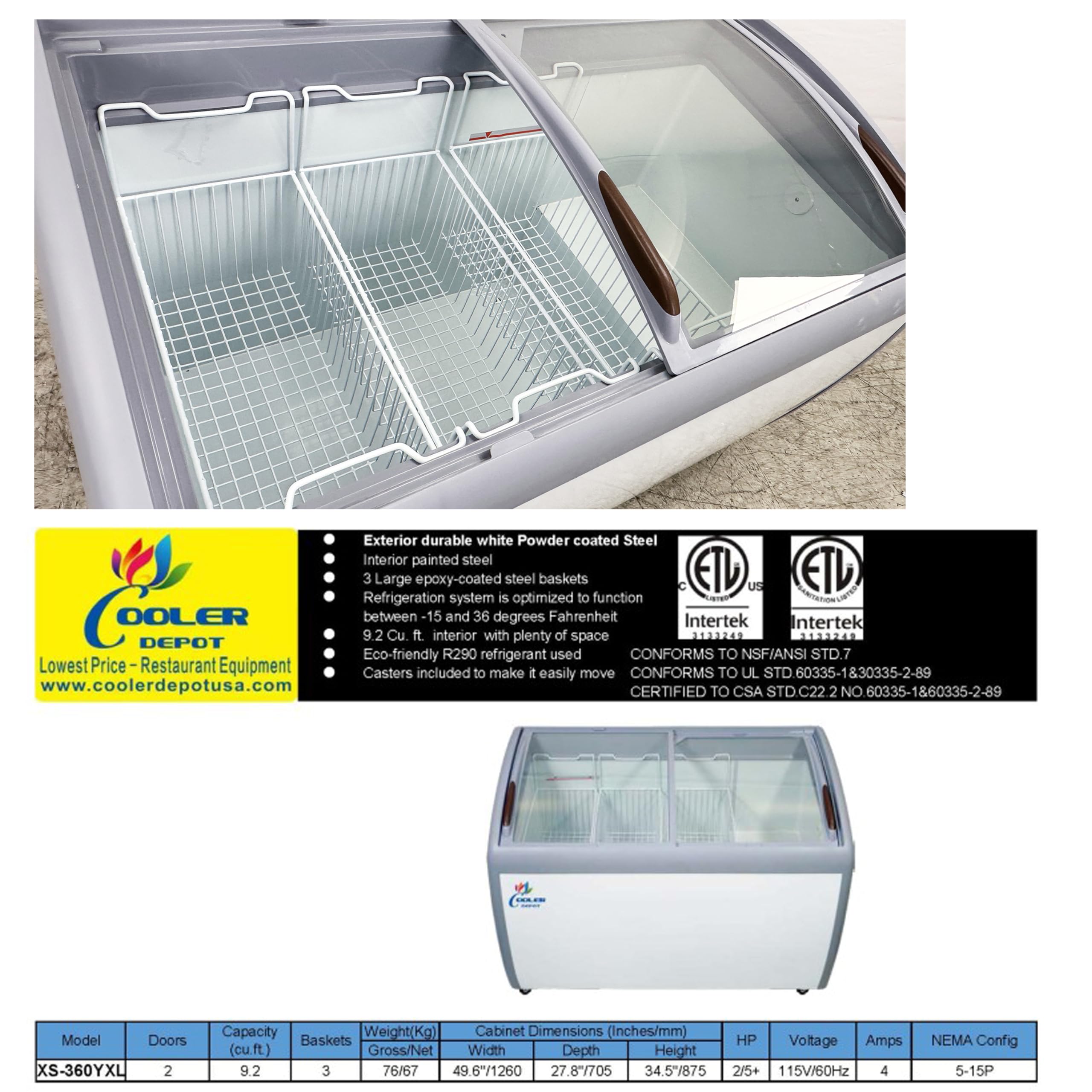 Chest Freezer Glass Door slide Commercial Ice Cream Freezer 49" White Stand Alone Curve Display Top w/Storage Baskets - 13 Cu.Ft…XS-360YXL