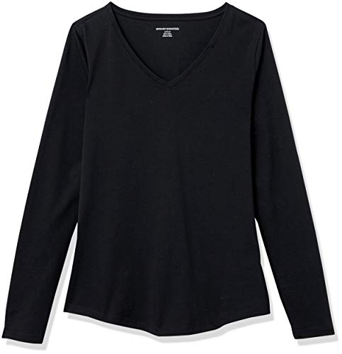 Amazon Essentials Women's Classic-Fit 100% Cotton Long-Sleeve V-Neck T-Shirt, Black, Medium