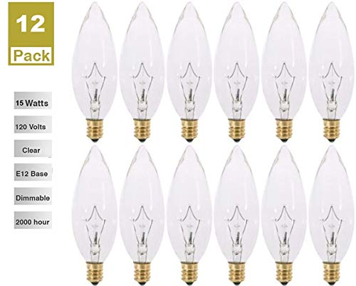 BULBMASTER 15 Watts Blunt Tip Decorative Light Bulbs Chandelier Light Bulb Candelabra Base Torpedo Clear Straight Dimmable Incandescent Light Bulbs, E12 Base Lamps Pack of 12