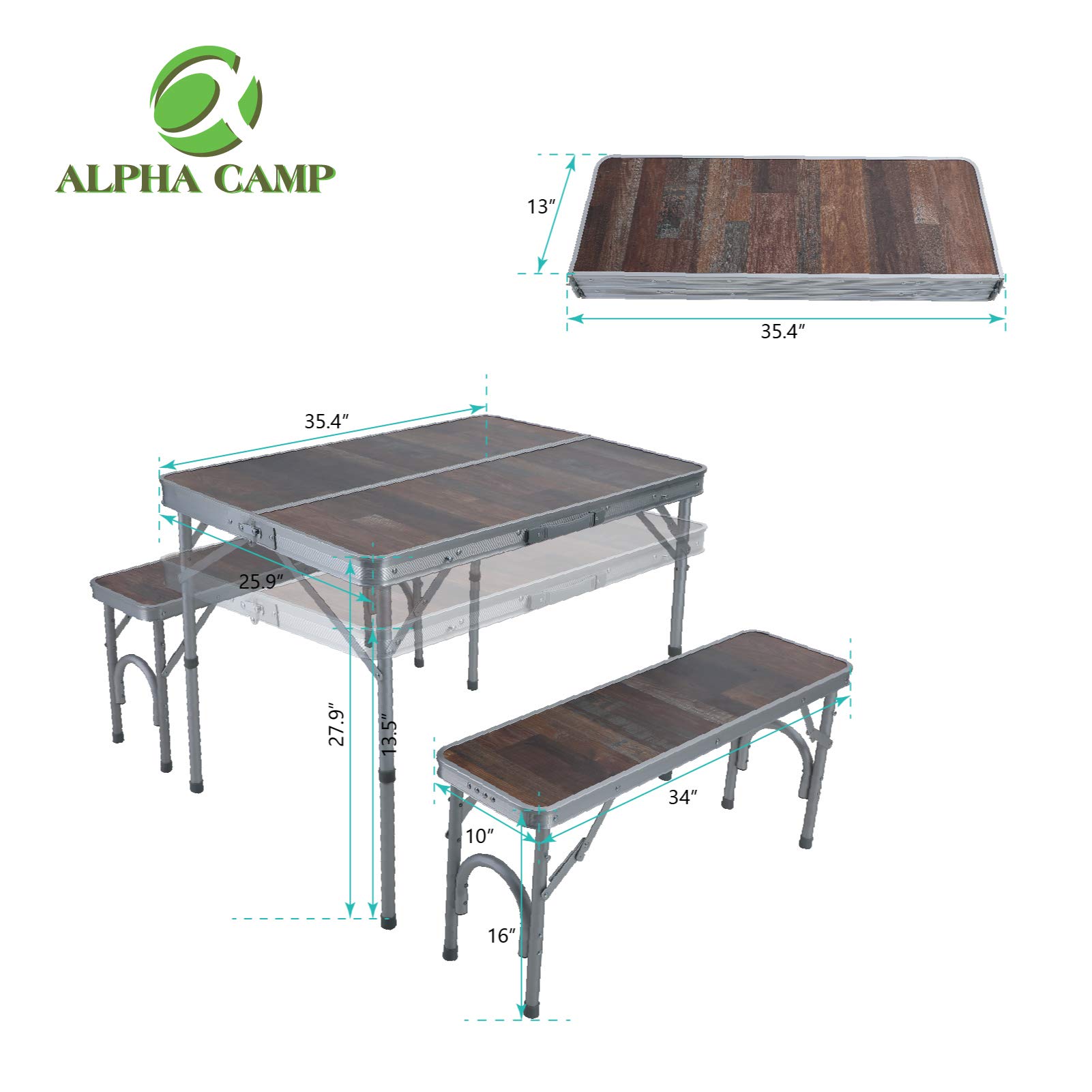 ALPHA CAMP 3PCS Folding Camping Table and Benches Set 4FT Aluminum Camping Table Portable Picnic Dining Table Lightweight Folding Card Table w/Handle for Indoor Outdoor Patio Backyard Party