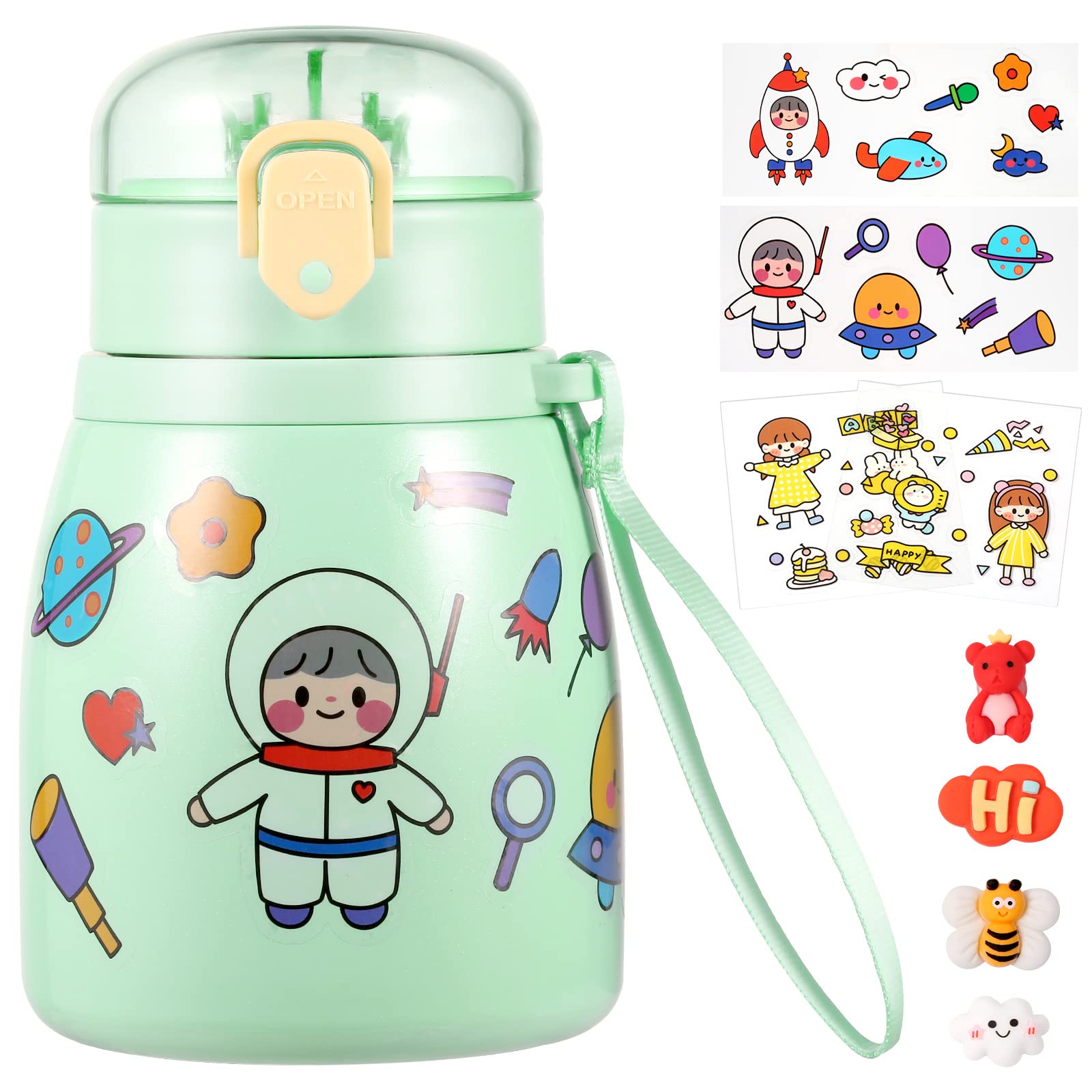 JERESER 17oz Kids Water Bottle, Insulated Water Bottle with Cute Stickers, Fun DIY Art & Craft Kit, Stainless Steel Water Bottle with Straw, Hand Strap & Shoulder Strap, Reusable Metal Water Bottle