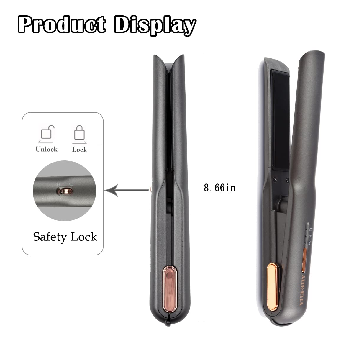 AIIE-EIIA Cordless Hair Straightener, Wireless Flat Iron for Hair,USB-C Rechargeable Ceramic Mini Travel Flat Iron with 2800mA Battery, Adjustable Temperature, Gray