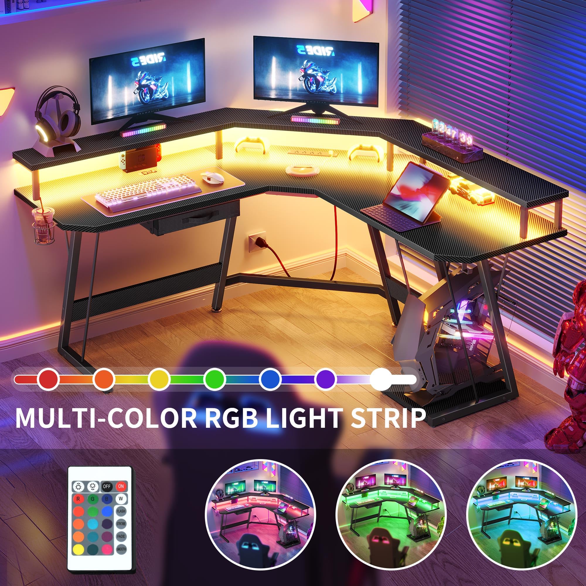 YITAHOME L Shaped Gaming Desk with LED Lights & Power Outlets, 55" Computer Desk with Drawer & Monitor Stand & Carbon Fiber Surface, Home Office Corner Desk with Cup Holder & Hook, Black