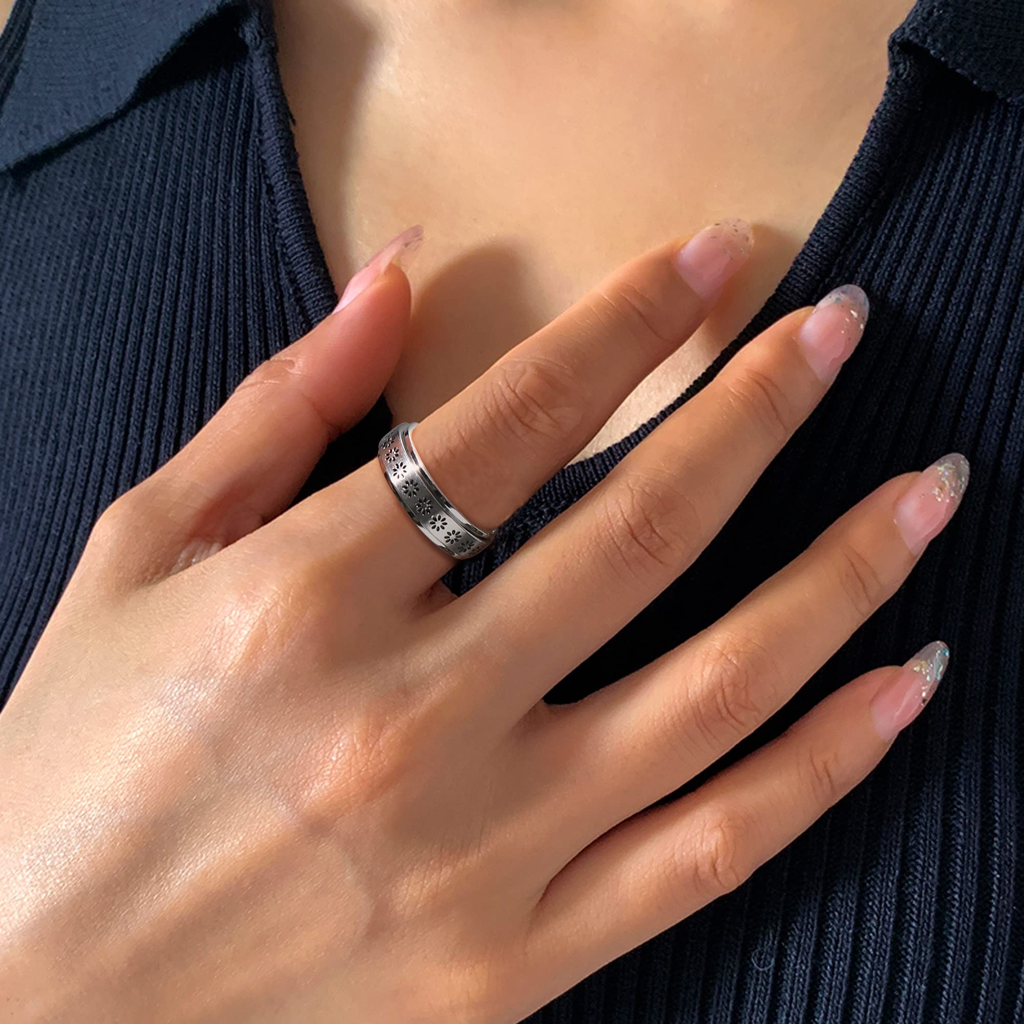 ADRAMATA Fidget Rings for Anxiety for Women Men Stainless Steel Meditation Rotatable Ring Gold&Black Star Moon Phase Daisy Anxiety Ring Spinner Ring Set 2PCS