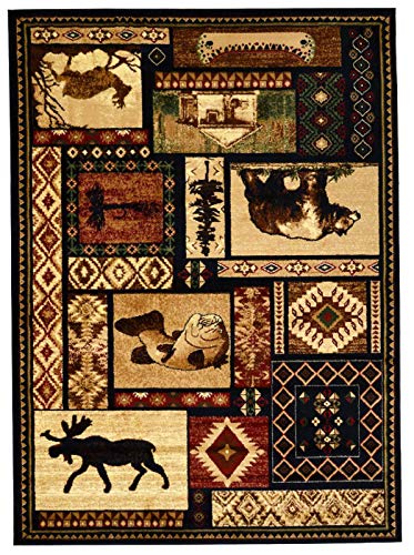 HR Cabin 906 Nature and Animals Area Rug 5'2" x 7'2" Contemporary Geometric Design Fish/Moose/Bear/Lodge