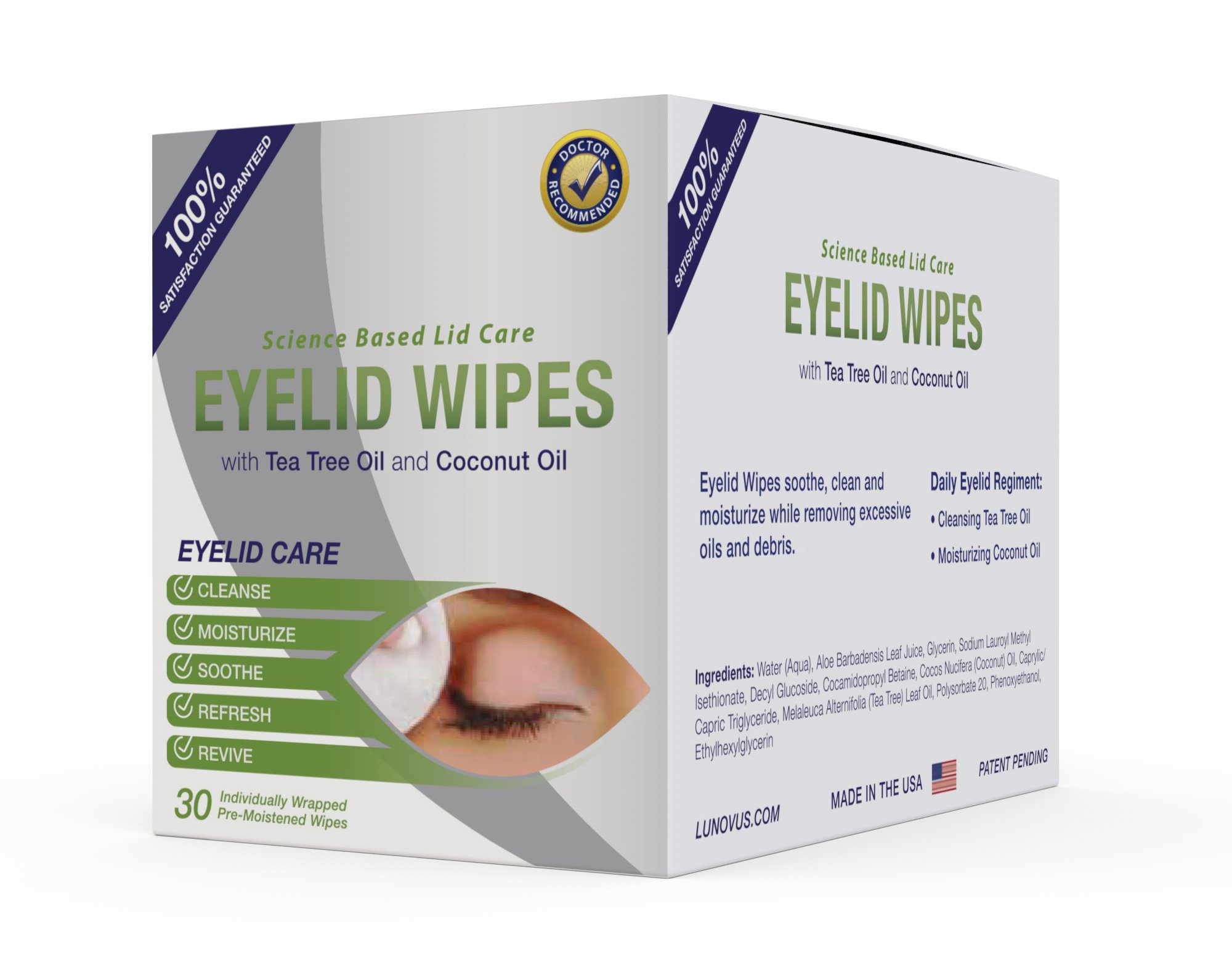 Premium Eyelid Wipes With Tea Tree and Coconut Oil - Cleansing Wipes for People Itchy Eyes - Box Of 30 Natural Eye Wipes