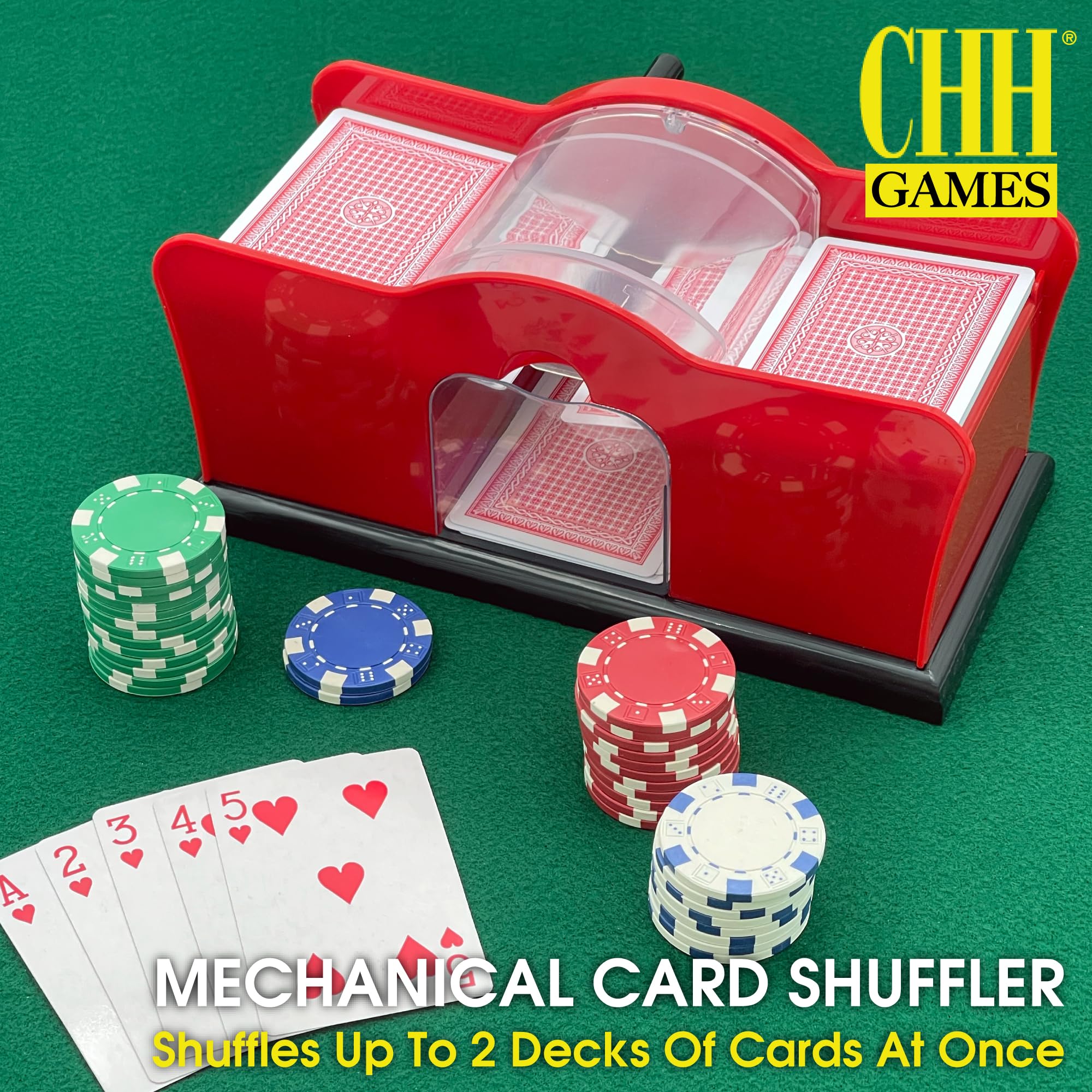 CHH Hand Cranked Card Shuffler β Manual Card Shuffler for Standard or Bridge-Sized Playing Cards β Quiet and Easy to Use - Designed for 2 Decks