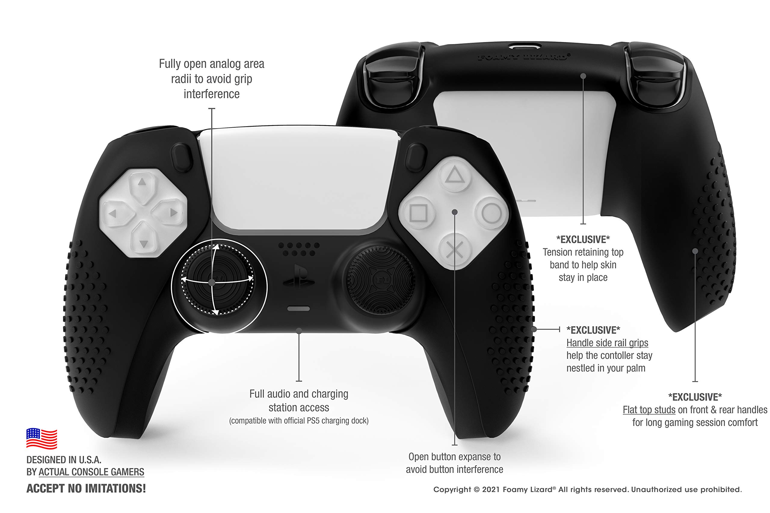 Foamy Lizard SensePro PS5 Controller Skin | Dock Compatible, Soft Flat Anti-Slip Studded Silicone Gel Grip Cover for PlayStation 5 Dualsense, Rubber Protector Plus 8 Raised Thumb Grip Caps (Black)