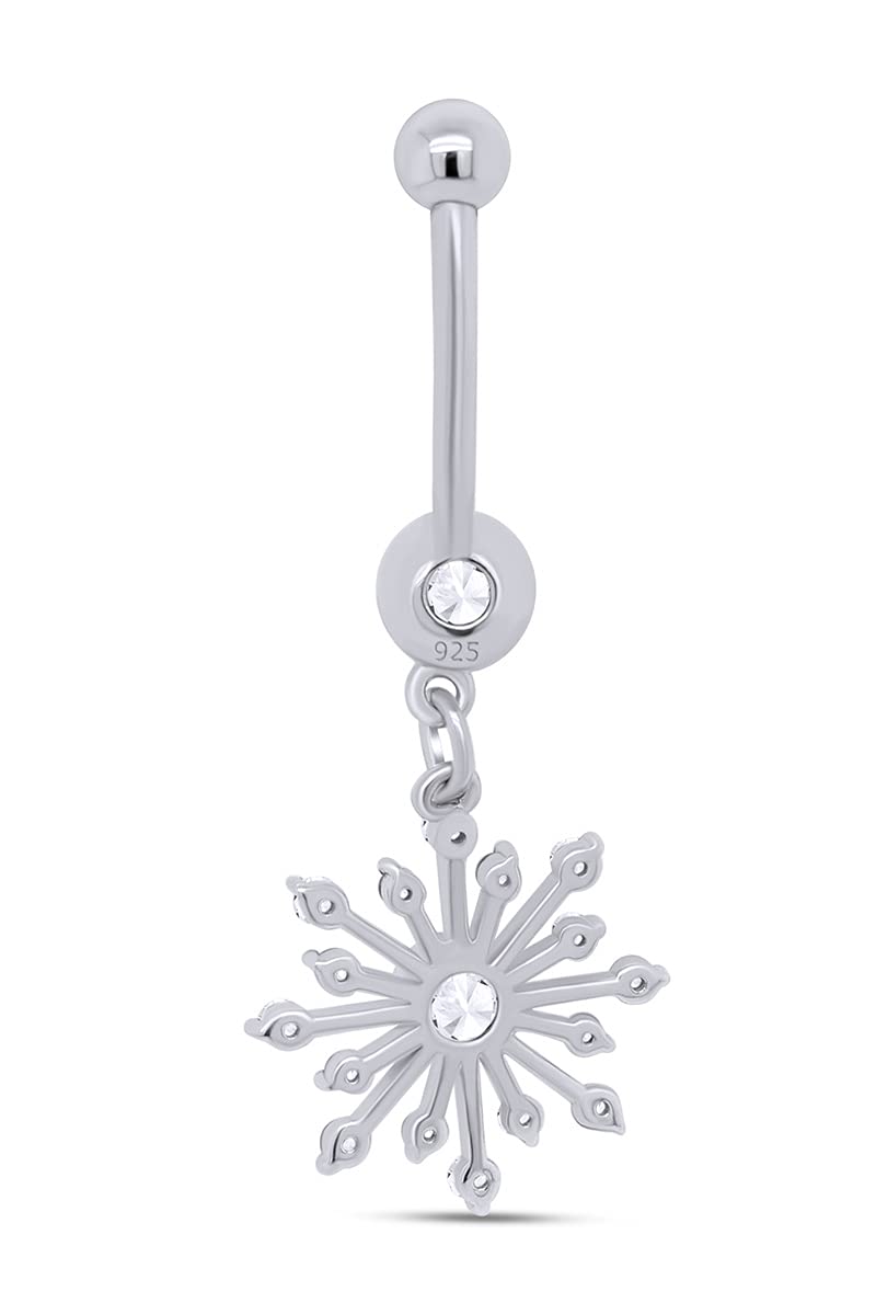AFFY Round Shape Sparkling White Cubic Zirconia Snowflake Belly Button Navel Ring in 14K White Gold Over Sterling Silver